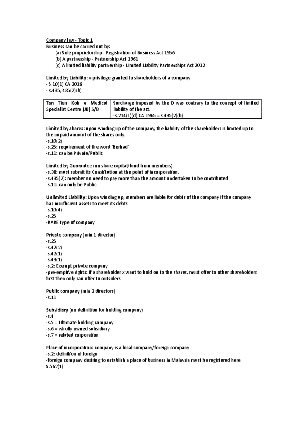 Company law midterm notes - Company law - Topic 1 Business can be ...