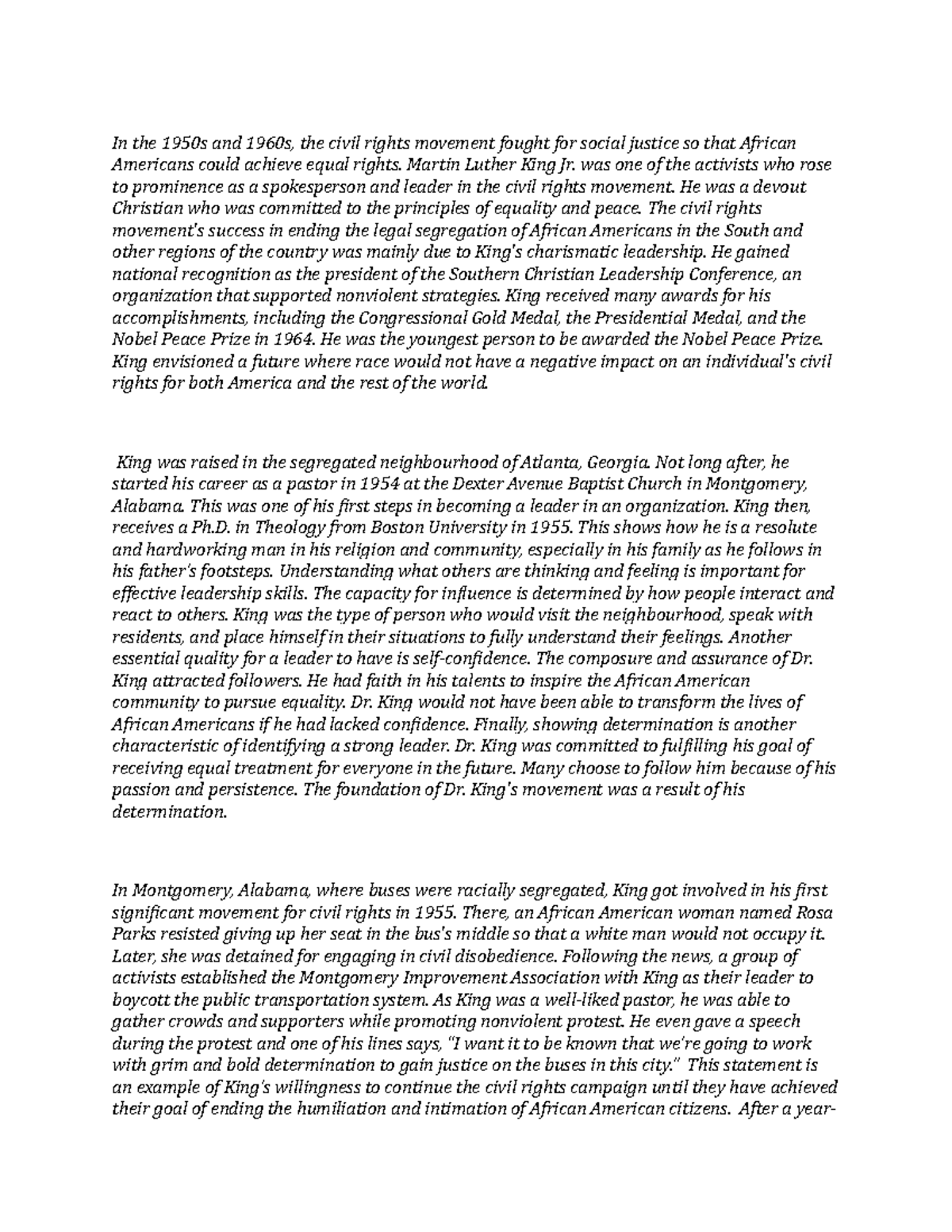 Essay 3 - MLK by Charis Cortes - In the 1950s and 1960s, the civil ...