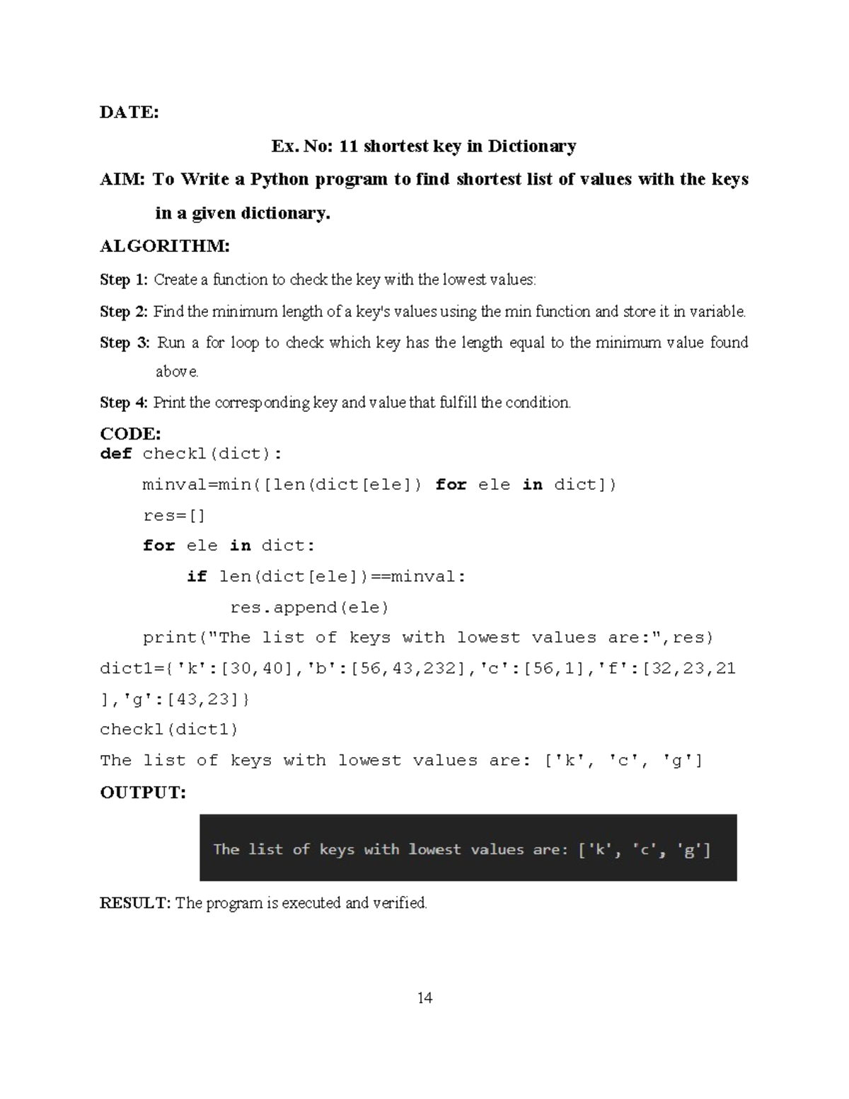 DAF-Record 3 - easy record - Ex. No: 11 shortest key in Dictionary AIM ...