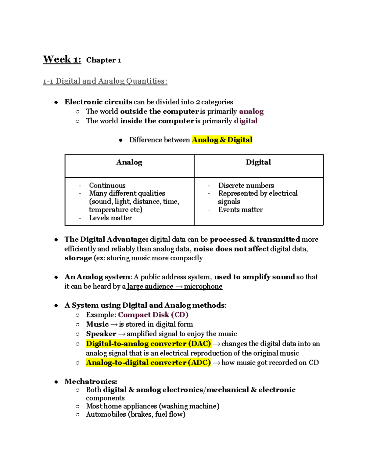 CP220 Midterm PREP - Week 1: Chapter 1 1-1 Digital and Analog ...