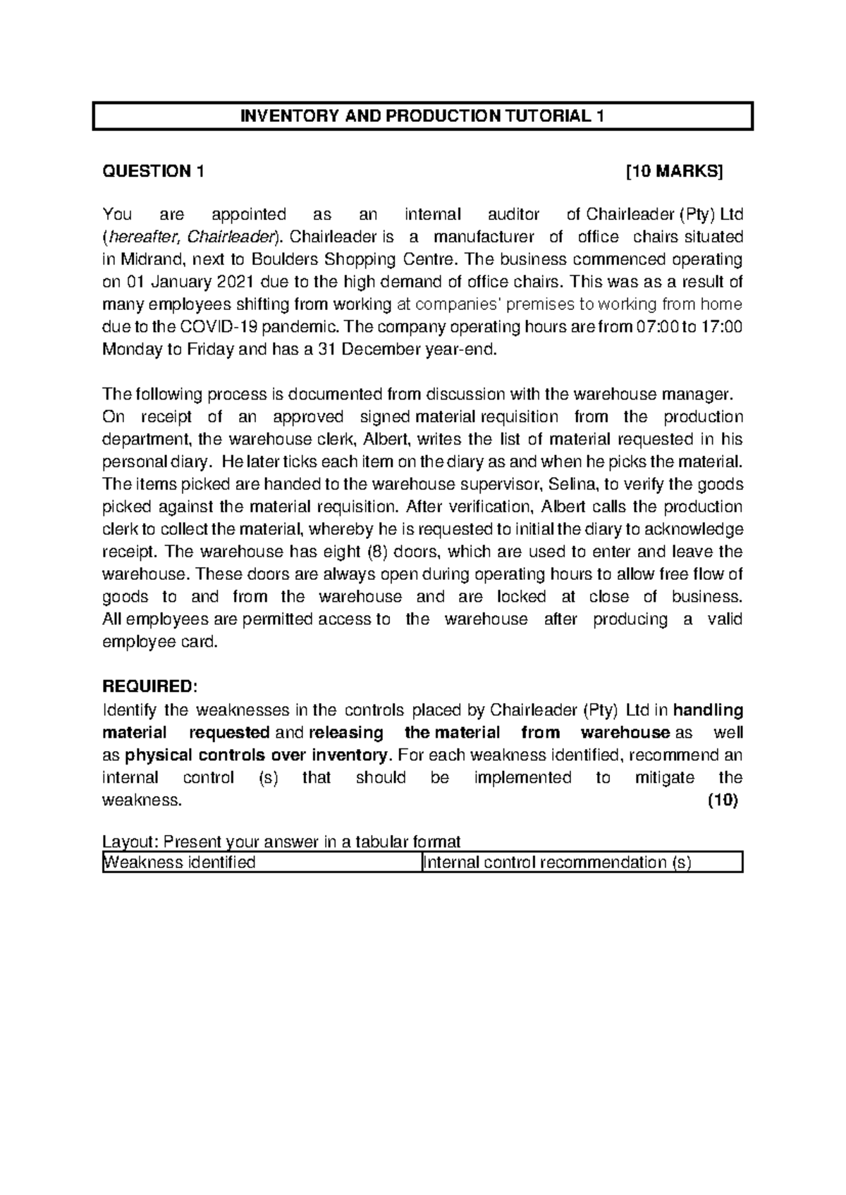 Inventory And Production Tutorial Questions 1 Student Copy Inventory