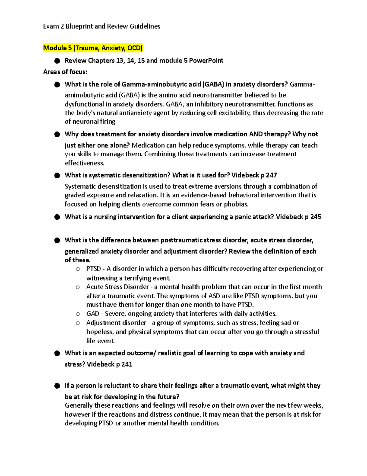 Exam 2 Review - Module 5 (Trauma, Anxiety, OCD) Review Chapters 13, 14 ...