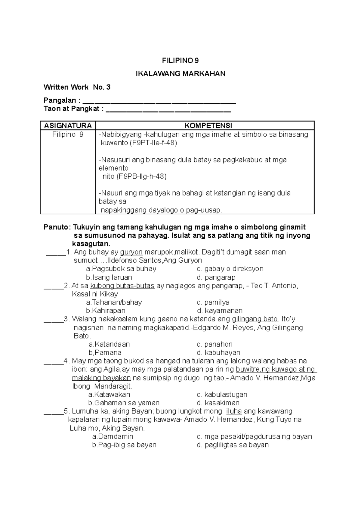 QTR 2 WEEK 3 WW FIL - written works - FILIPINO 9 IKALAWANG MARKAHAN ...