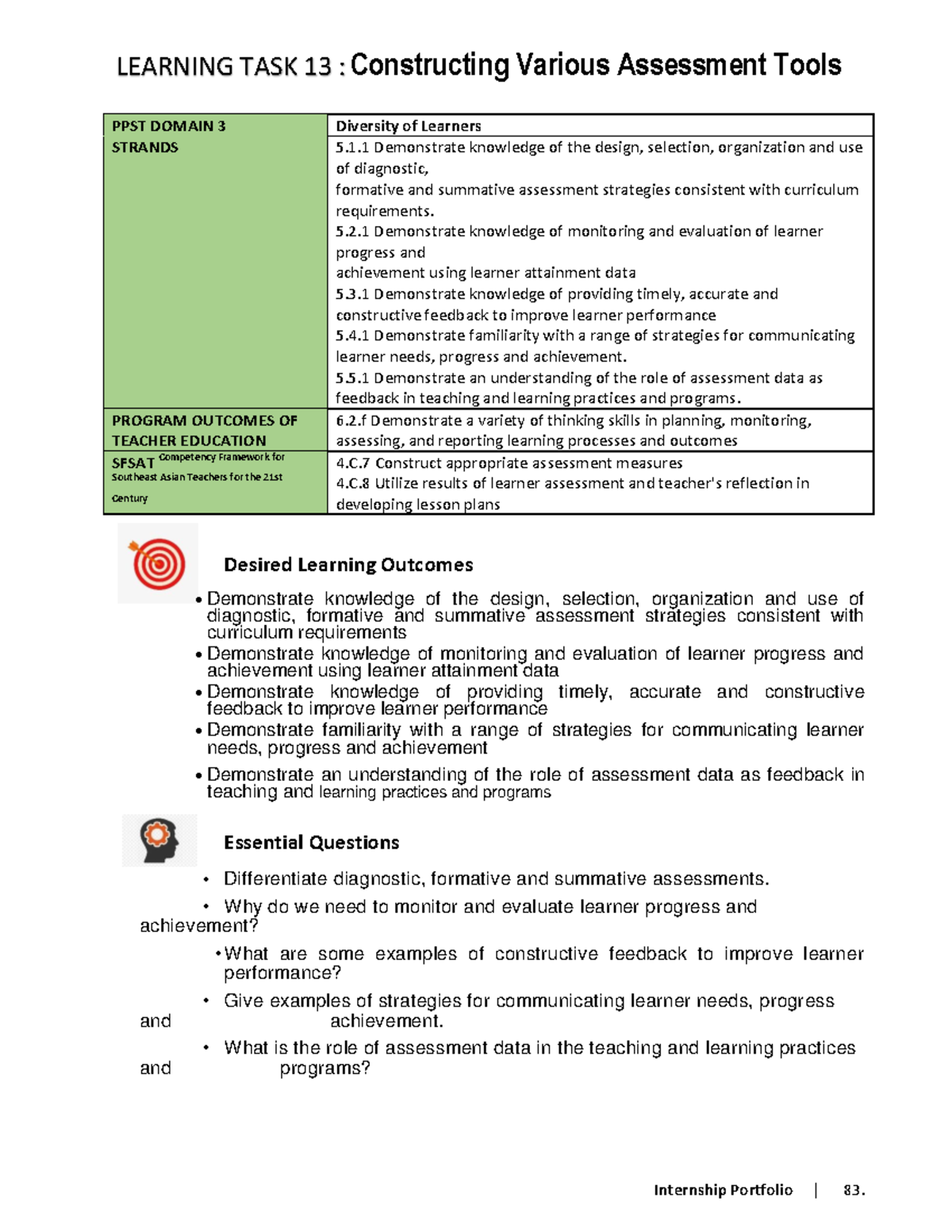 Learning TASK 9 10 - Desired Learning Outcomes Demonstrate knowledge of the design, selection ...