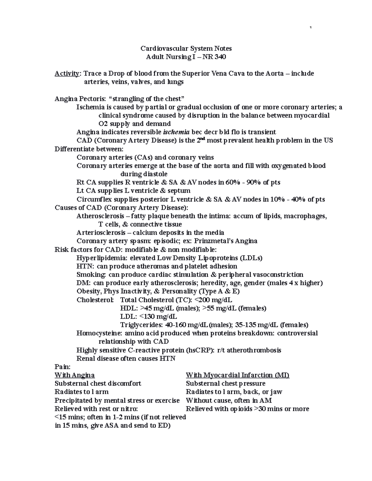 Cardiovascular System Notes - Cardiovascular System Notes Adult Nursing ...