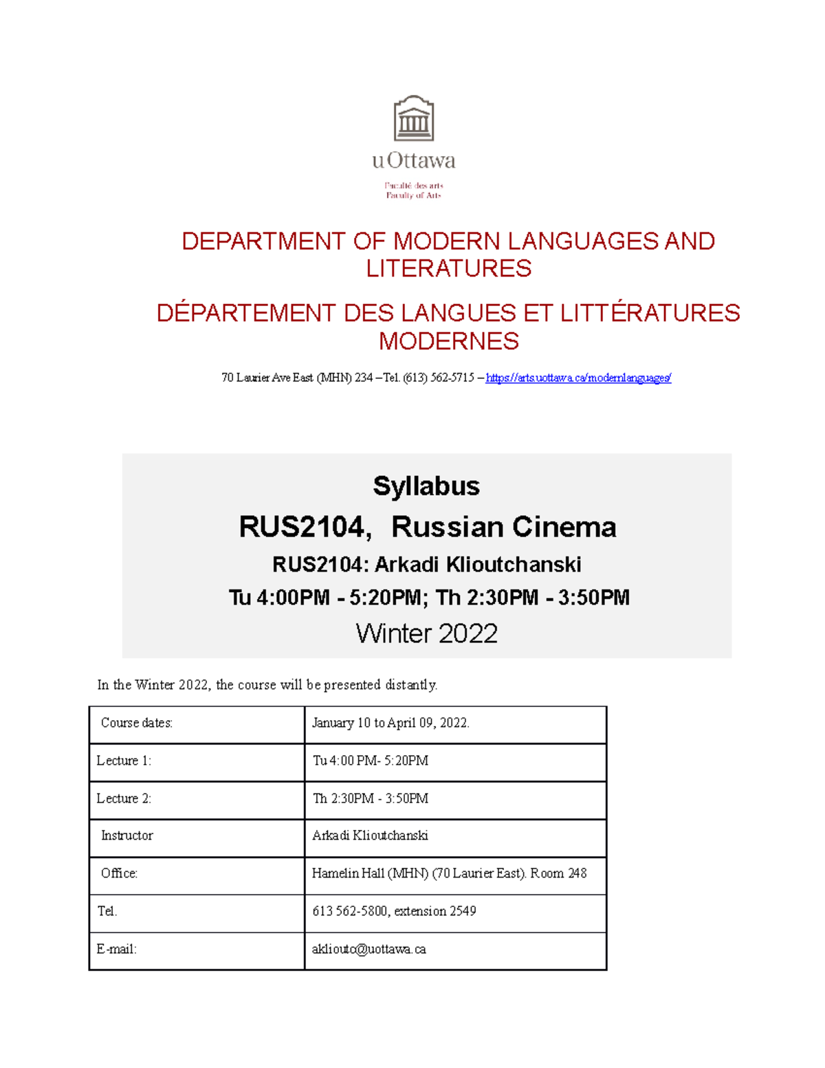 RUS 2104 2022 Syllabus (Winter 2022; 2022-01-09) - DEPARTMENT OF MODERN ...
