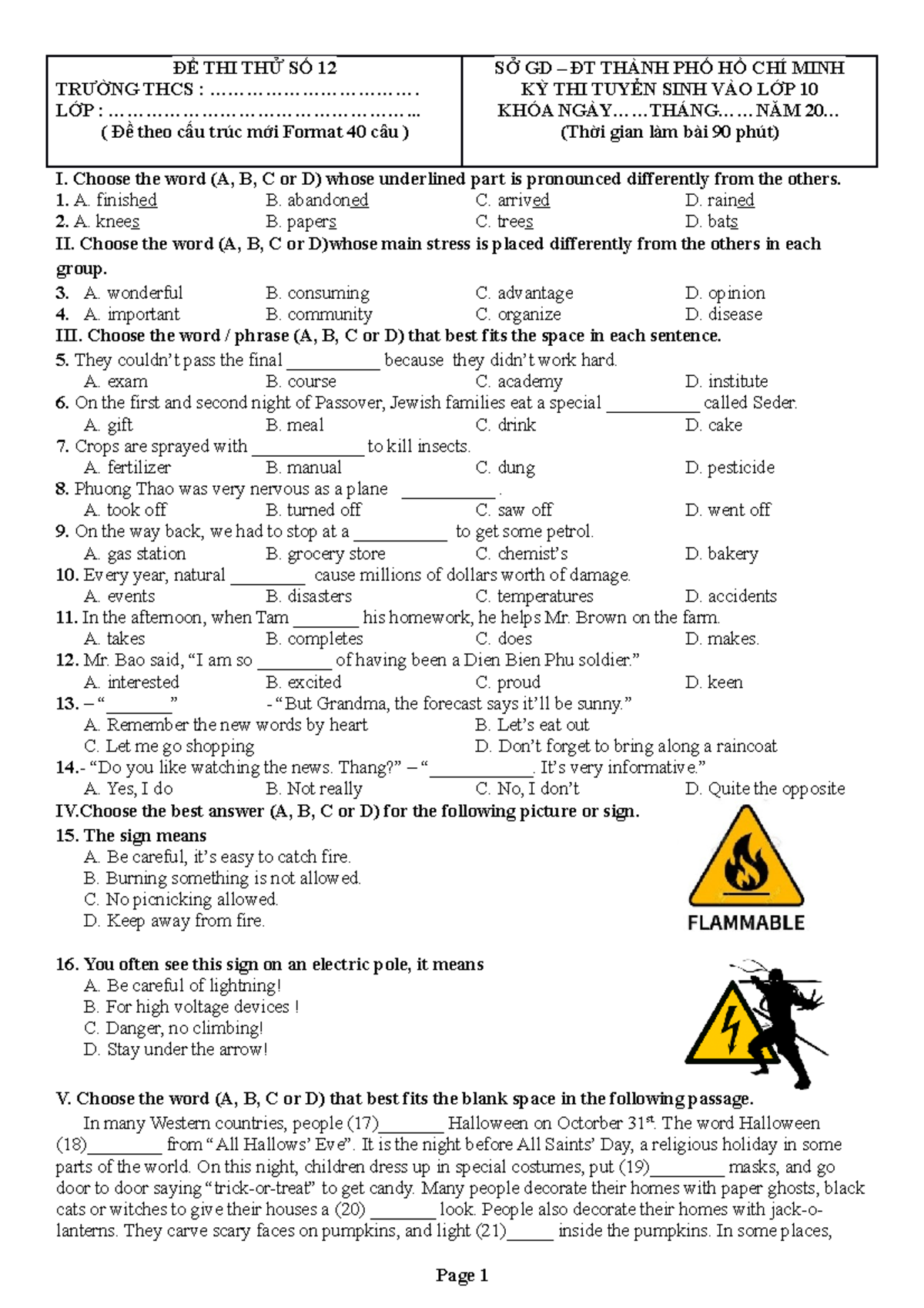 Practices Test 12 Pratices Test дђб ђ Thi Thб Sб ђ 12 Trжїб њng Thcs