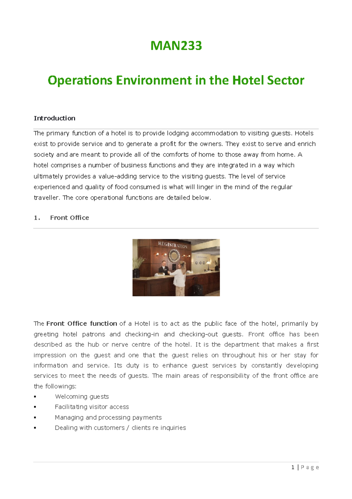 Hotel Sector - Operations Business Functions - MAN233 Operations ...