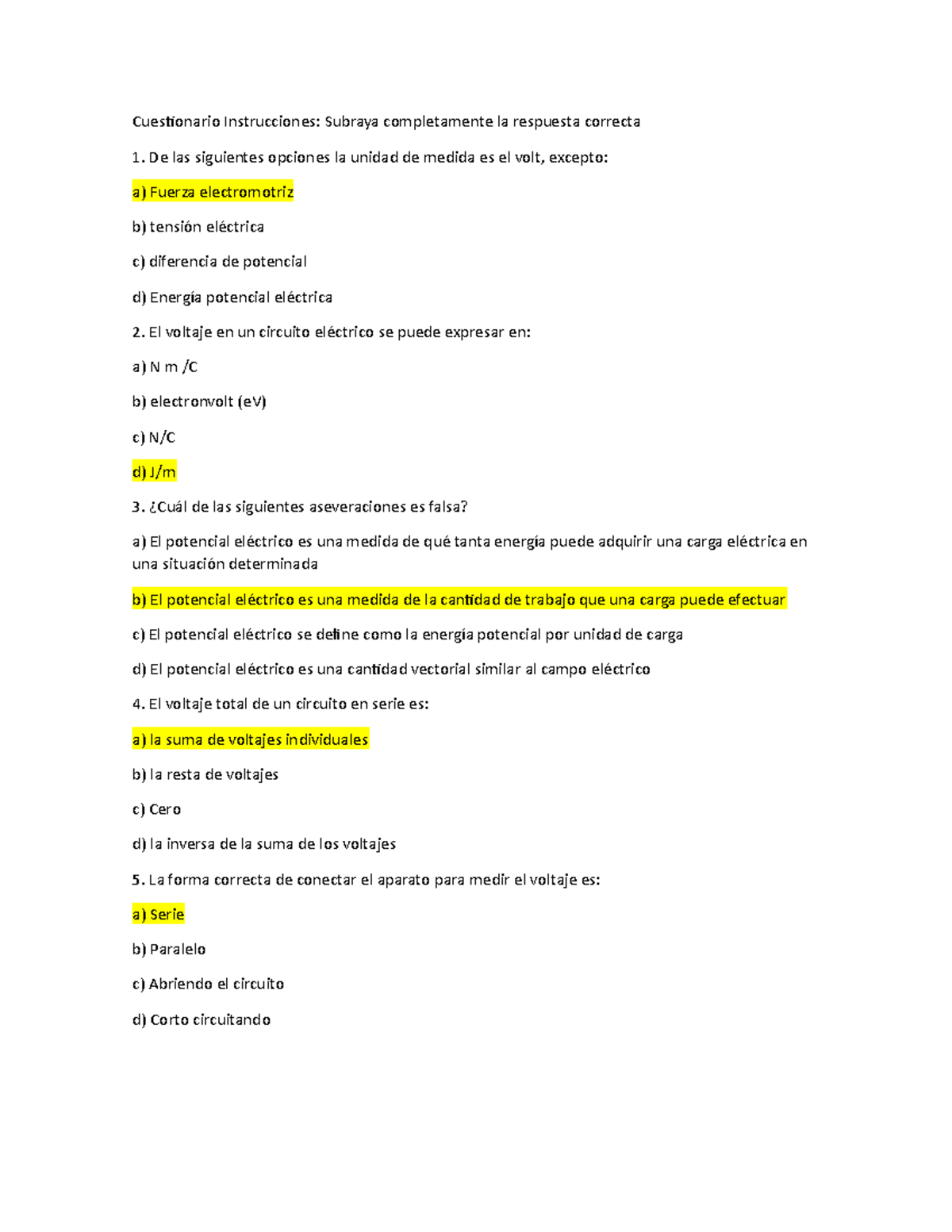Cuestionario 3 electricidad - Cuestionario Instrucciones: Subraya ...