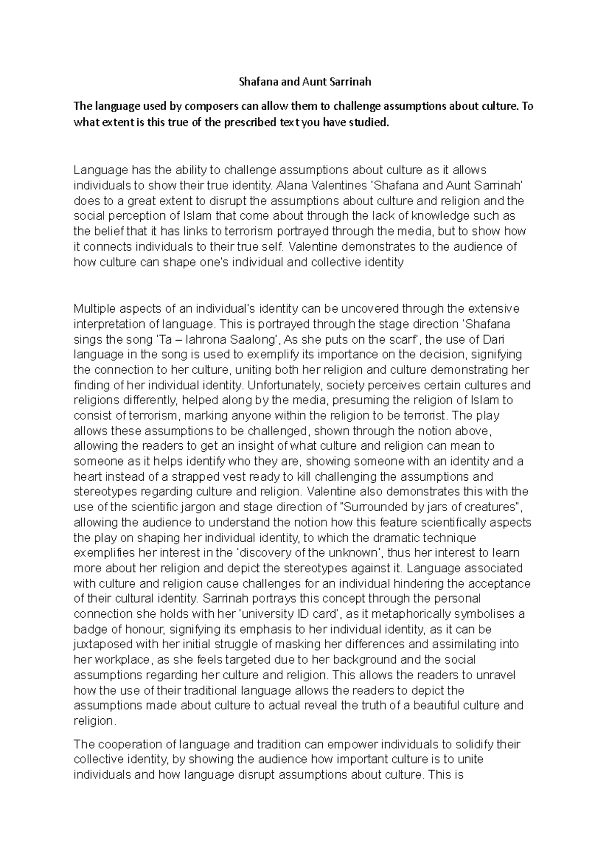 Shafana and Aunt Sarrinah - To what extent is this true of the ...