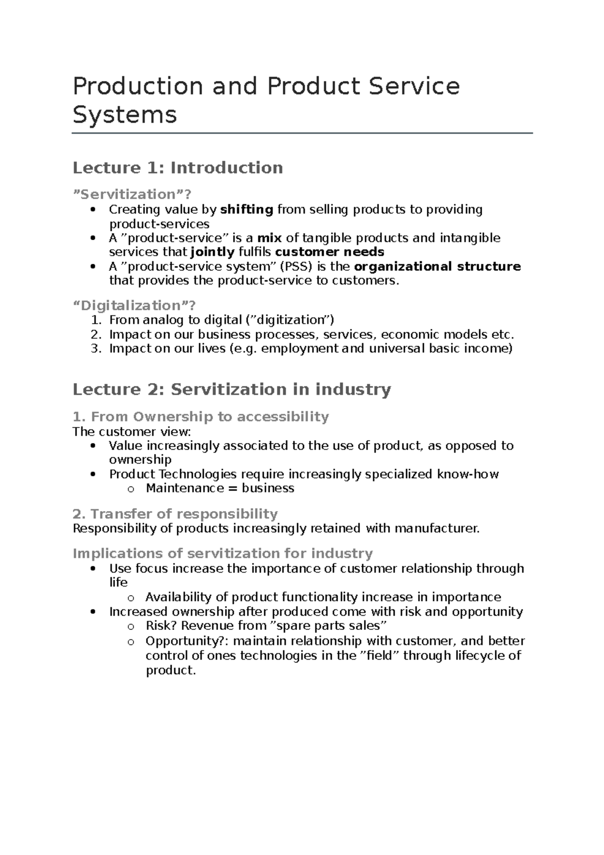 Production and Product Service Systems - 1. From analog to digital 2 ...