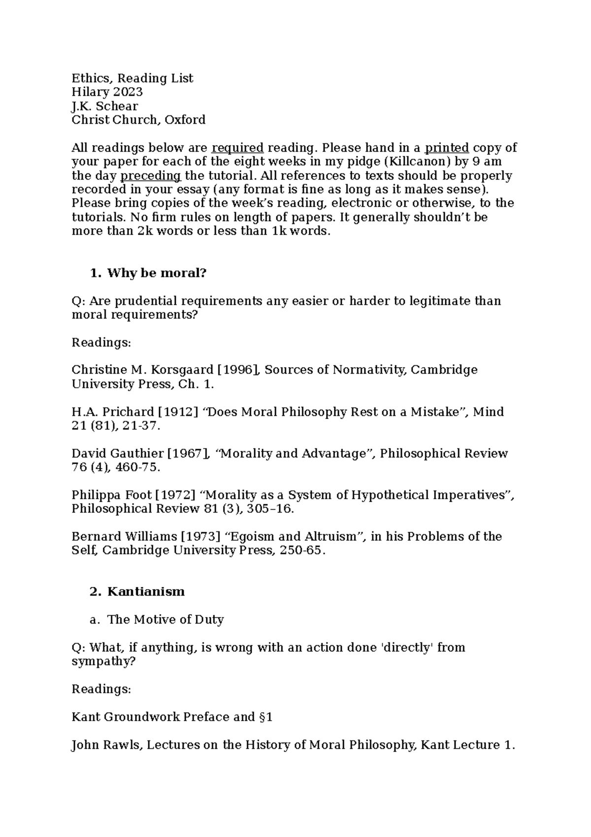 Ethics Reading List - Ethics, Reading List Hilary 2023 J. Schear Christ ...