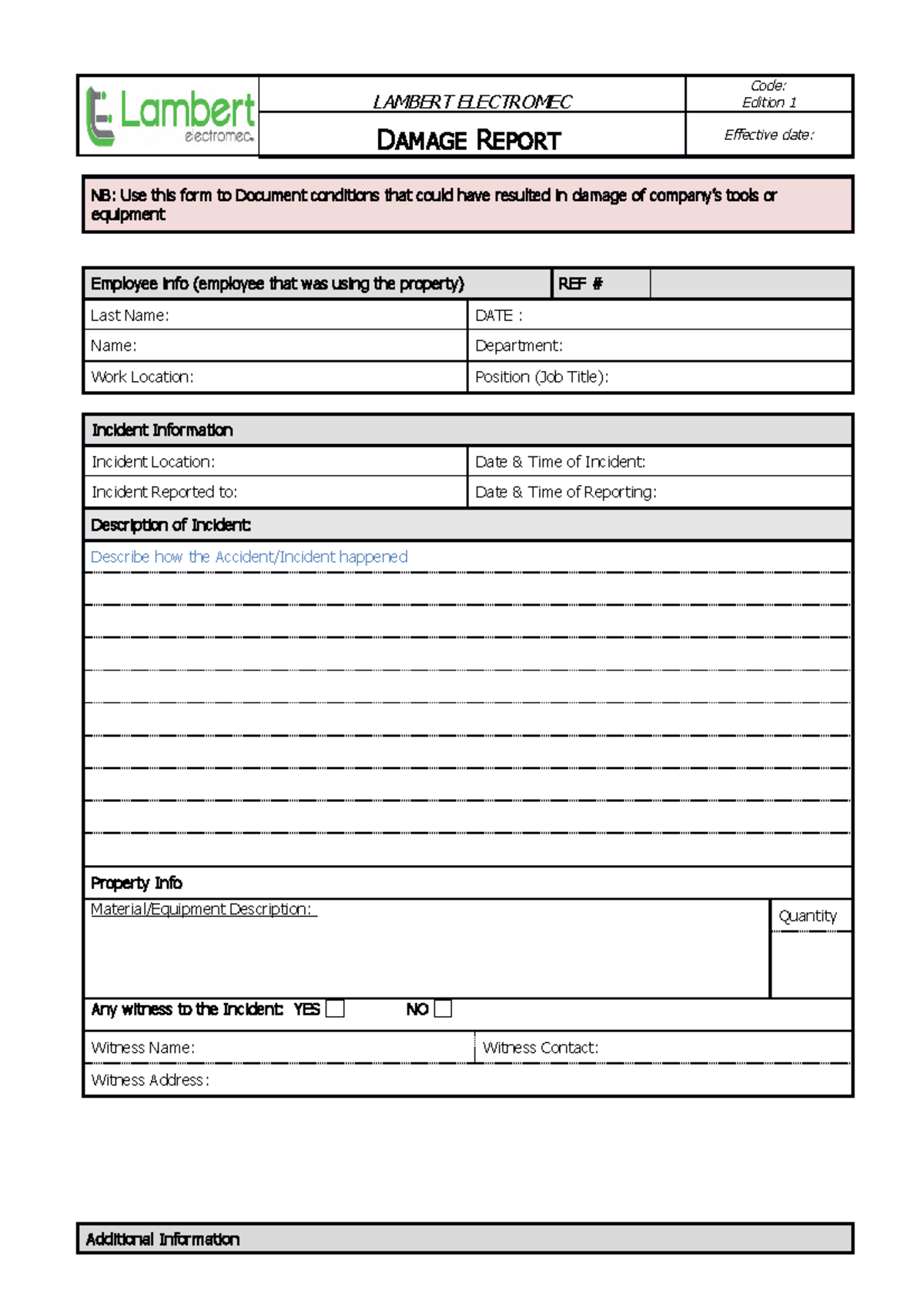 Damage report - quality control - LAMBERT ELECTROMEC Code: Edition 1 ...