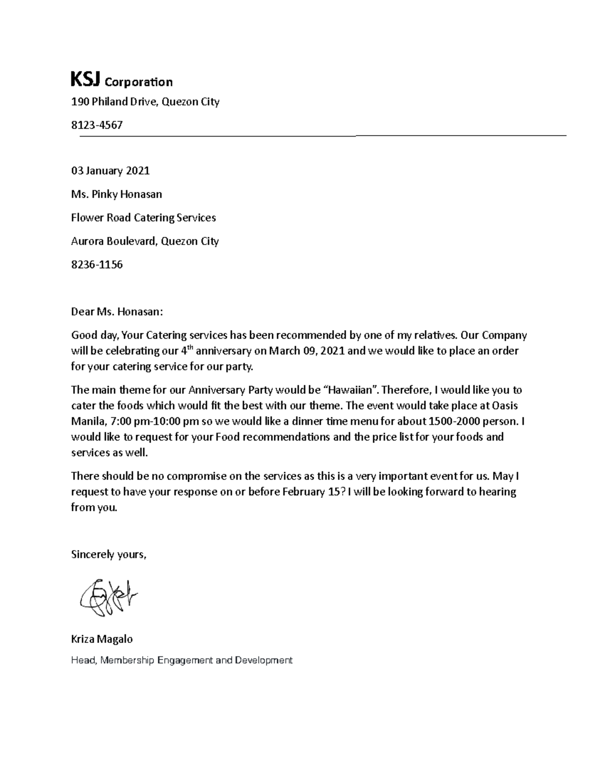 Business Letters - 190 Philand Drive, Quezon City 8123- 03 January 2021 ...