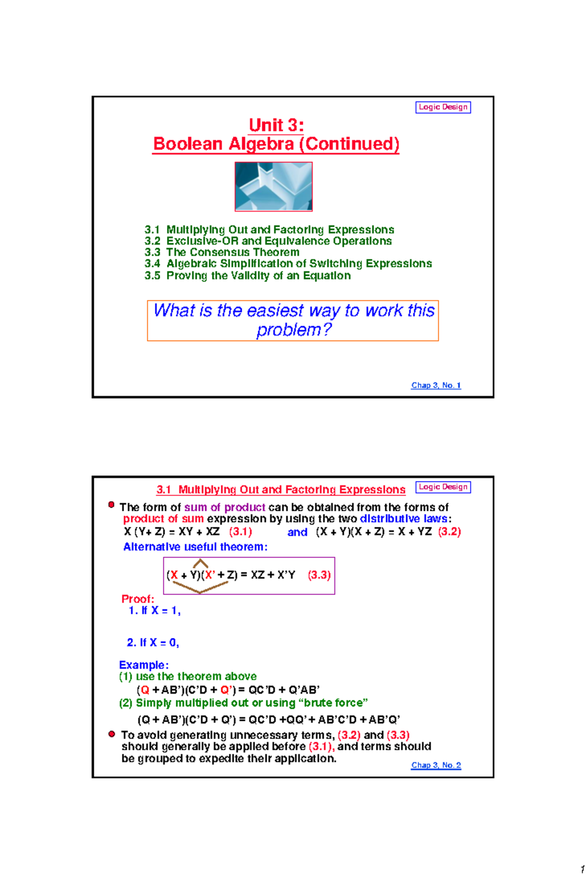 2024 LD Ch3 - Chap 3, No. 1 Unit 3: Boolean Algebra (Continued) 3 Multiplying Out and Factoring ...