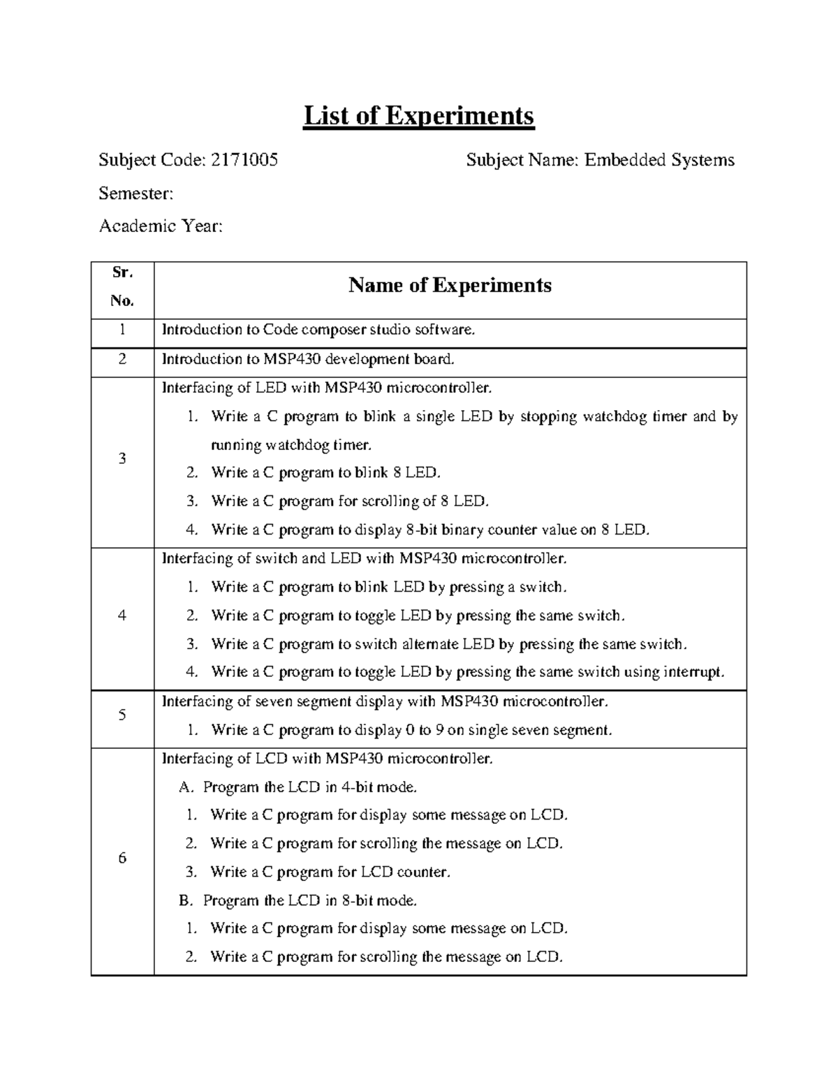 ES Manual - List of Experiments Subject Code: 217 1005 Subject Name ...