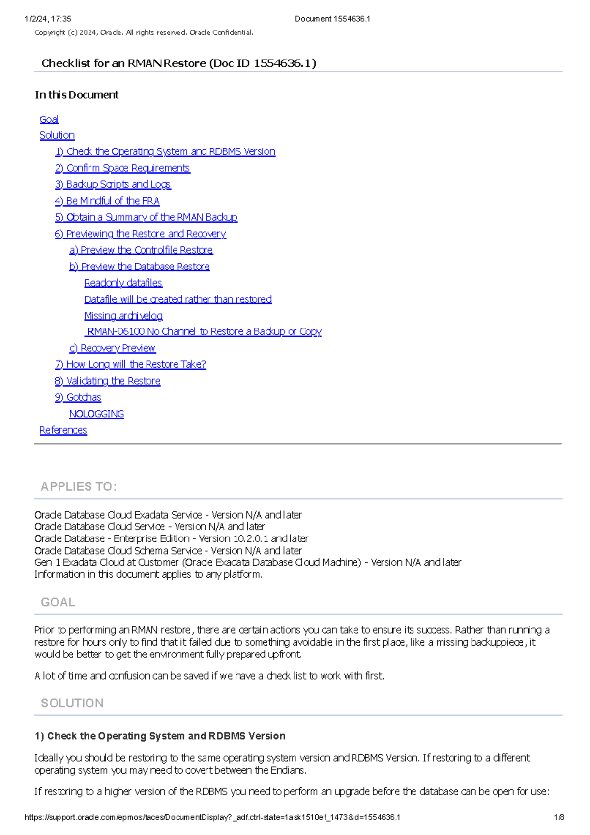 Checklist for an RMAN Restore (Doc ID 1554636 - Copyright (c) 2024 ...