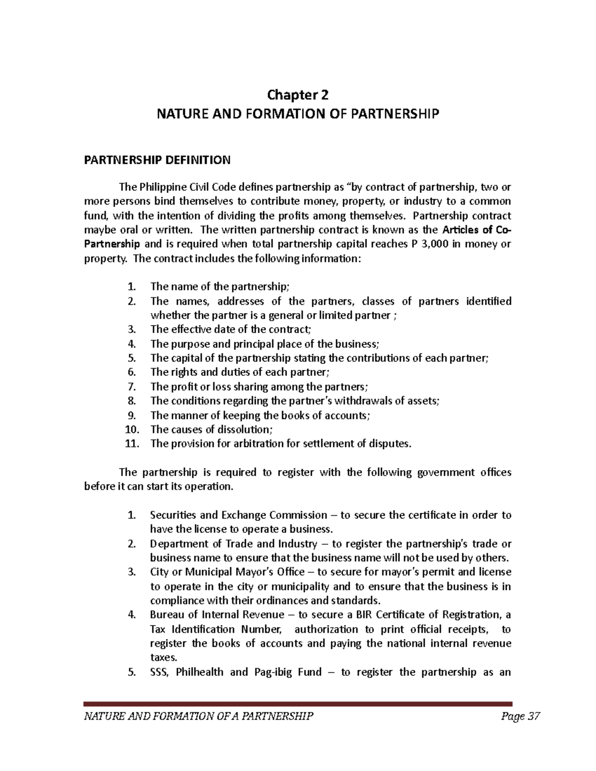 Nature AND Formation OF Partnership - Chapter 2 NATURE AND FORMATION OF ...