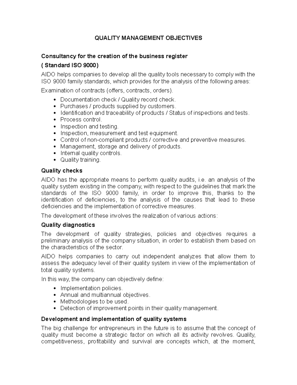 QUALITY MANAGEMENT OBJECTIVES - QUALITY MANAGEMENT OBJECTIVES ...