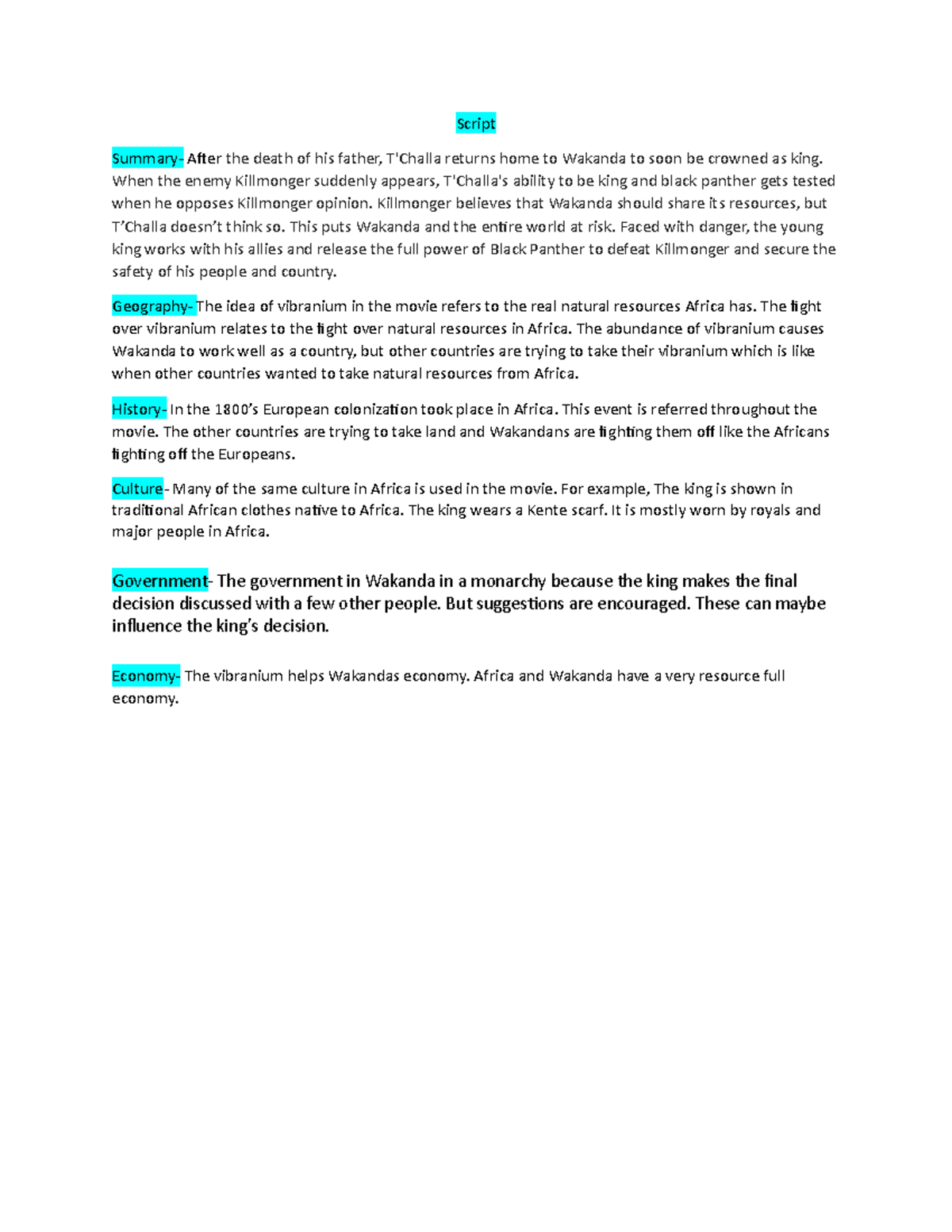 Script - Script Summary- After the death of his father, T'Challa ...
