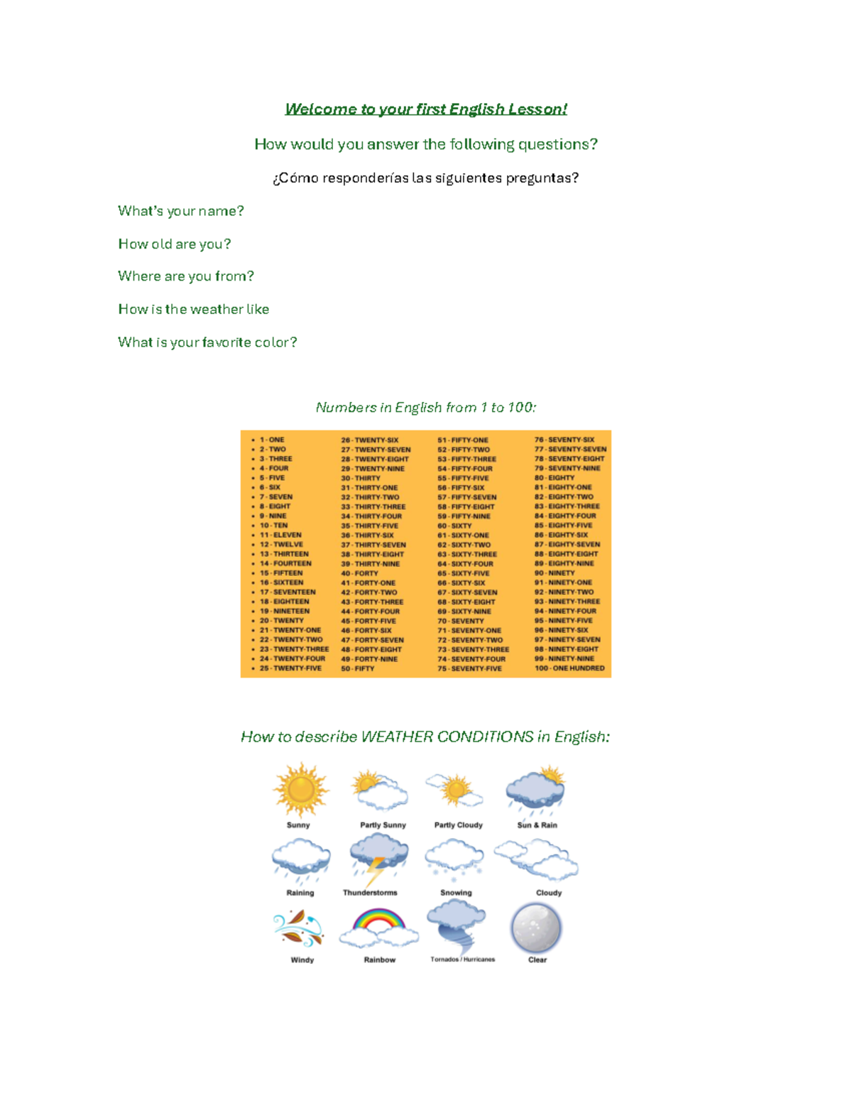 First Lesson BÁSICA - apuntes de clase - Welcome to your first English ...