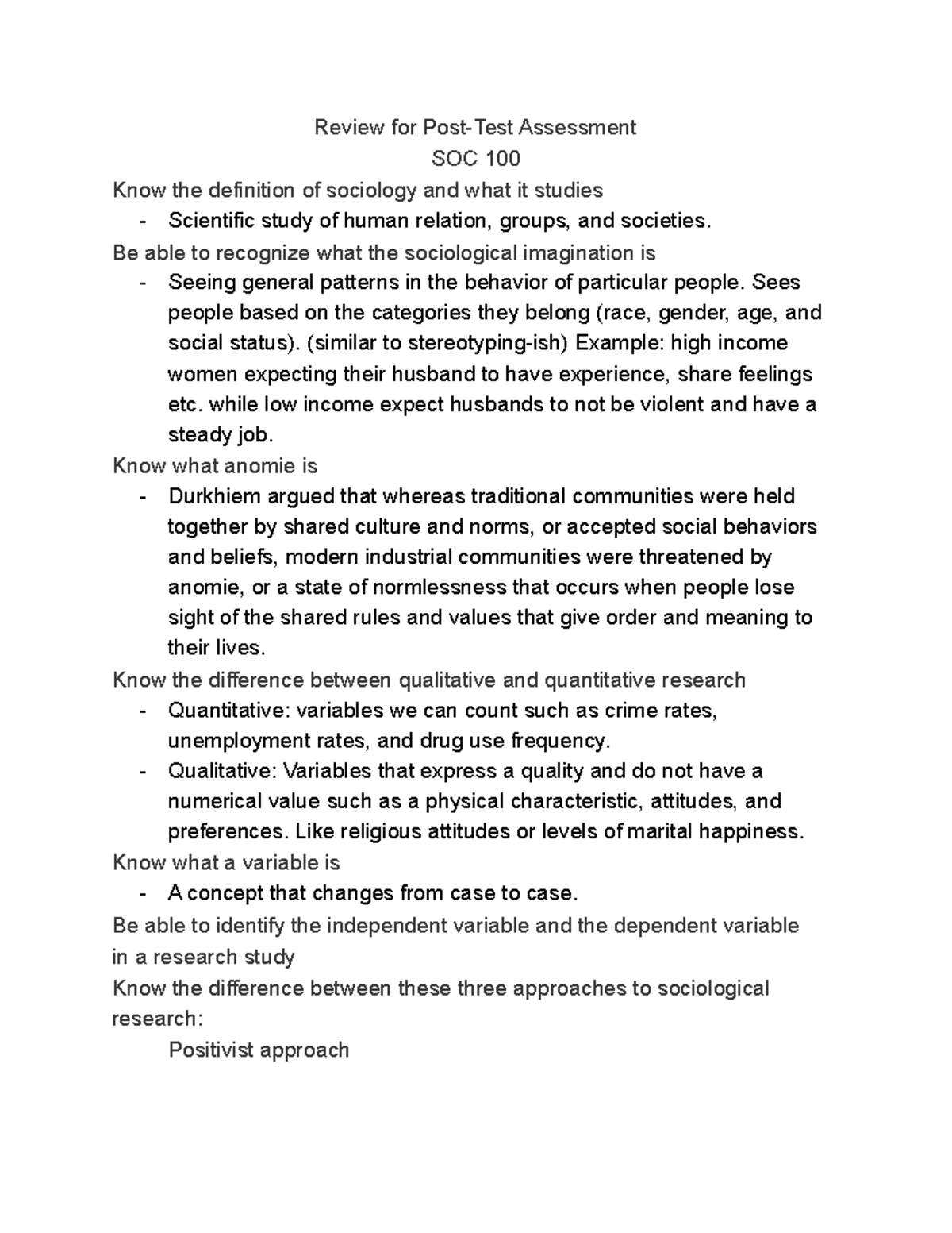 Sociology Post Test Notes - Review for Post-Test Assessment SOC 100 ...