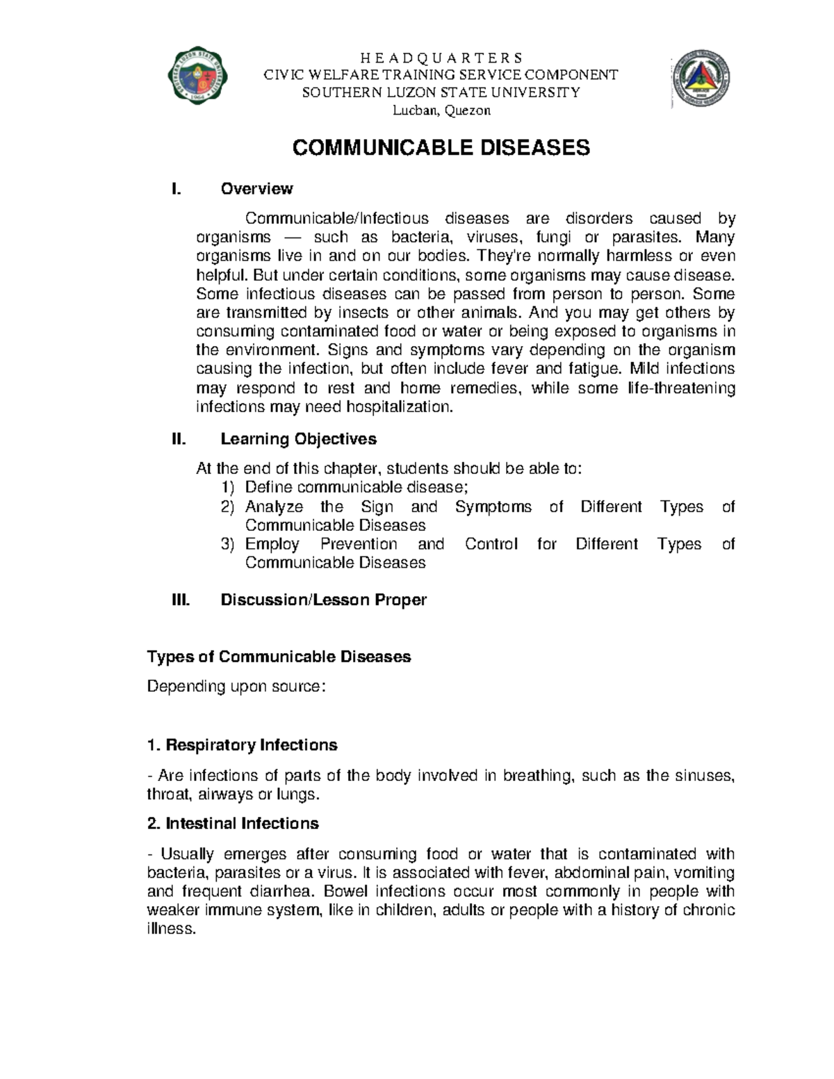 Chapter 1 Communicable Diseases 2ND SEM 2022 2023 1 - H E A D Q U A R T E R S CIVIC WELFARE ...