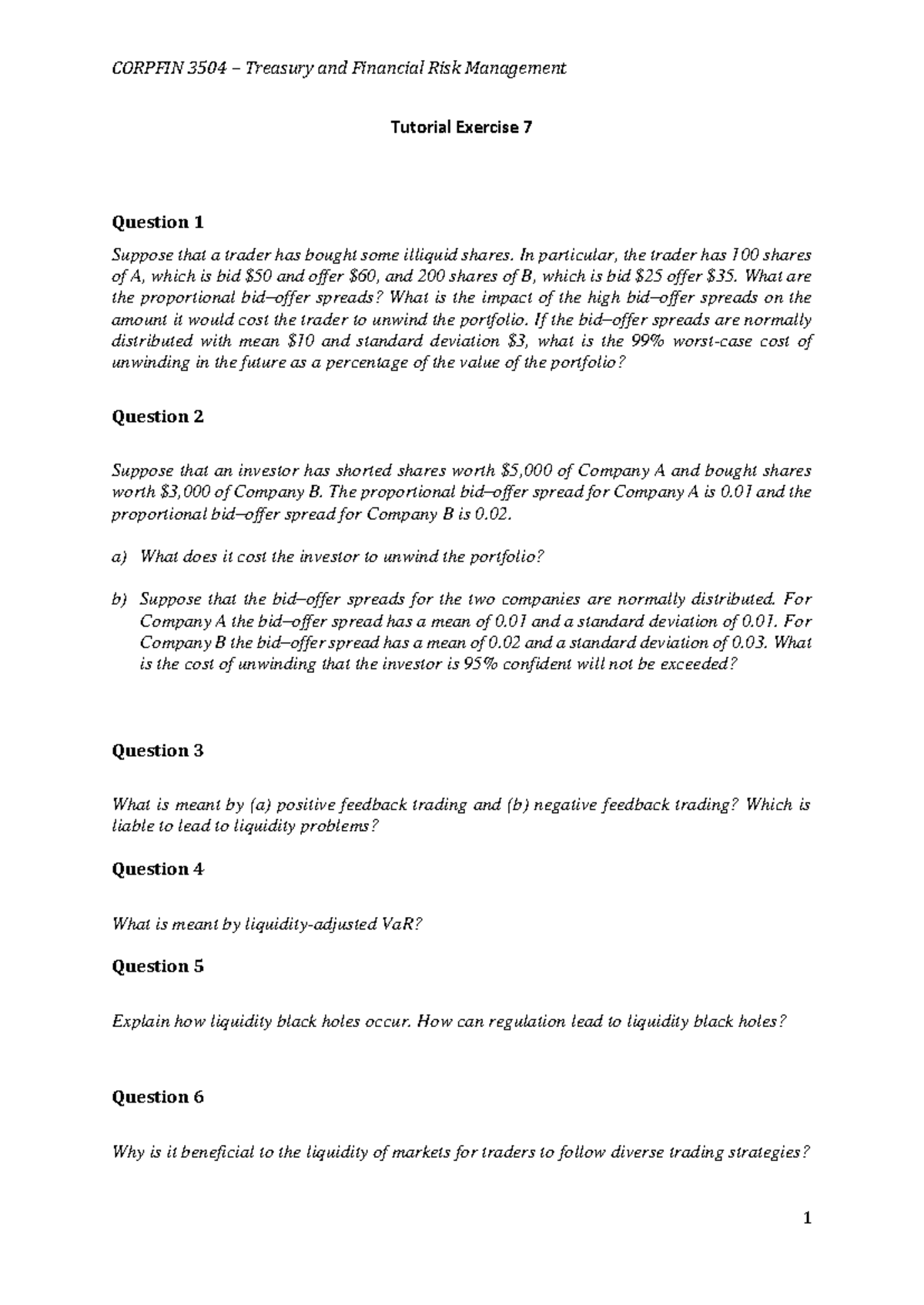 Tutorial Exercise 7 - Practice - CORPFIN 3504 – Treasury and Financial ...