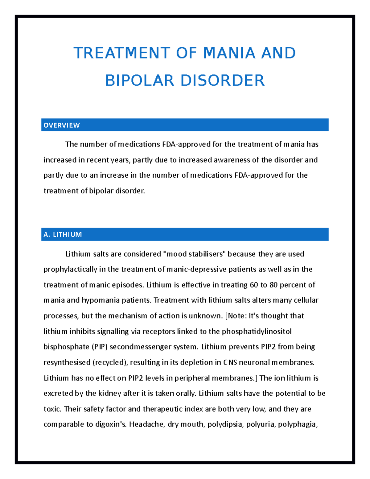 Treatment OF Mania AND Bipolar Disorder - TREATMENT OF MANIA AND ...