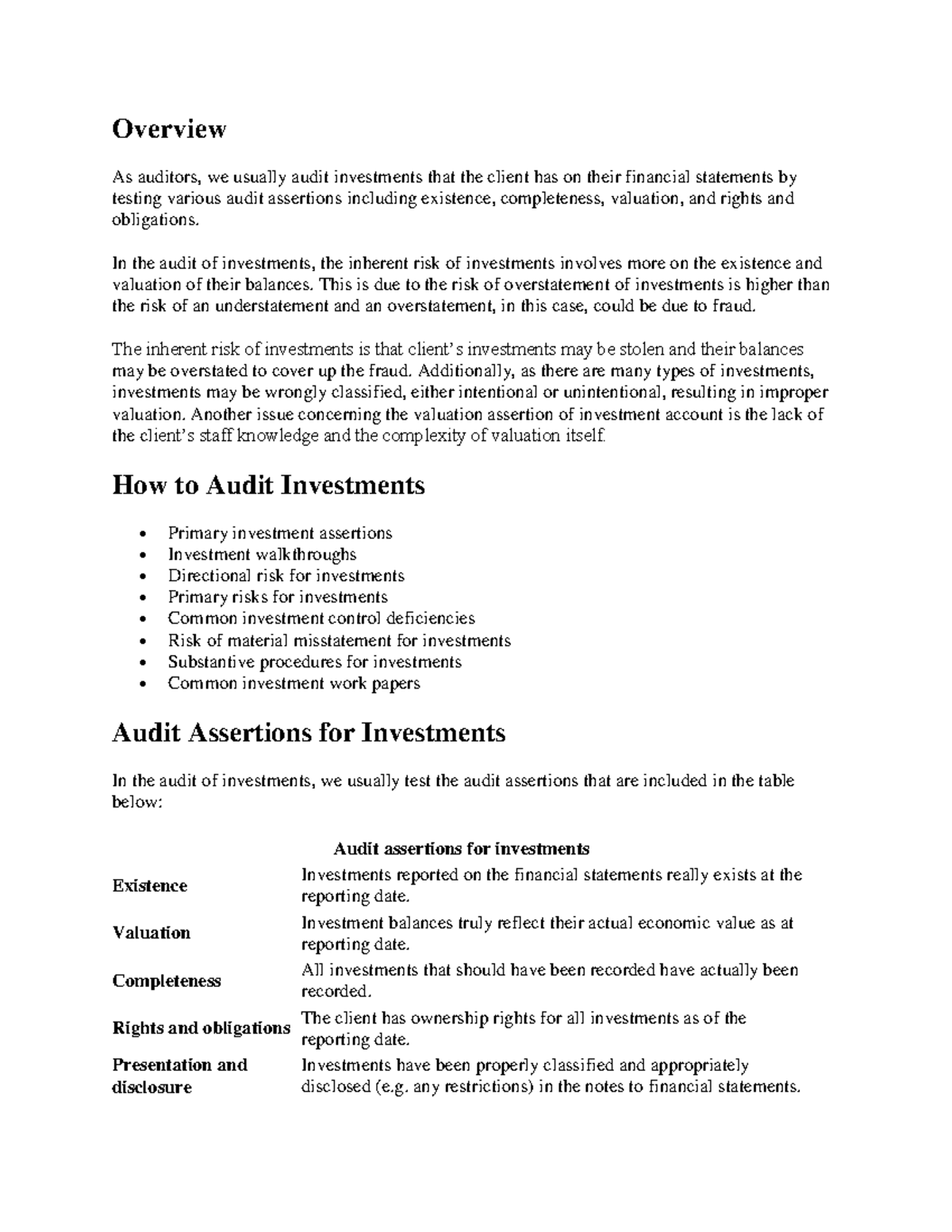Audit of Investments - Overview As auditors, we usually audit ...
