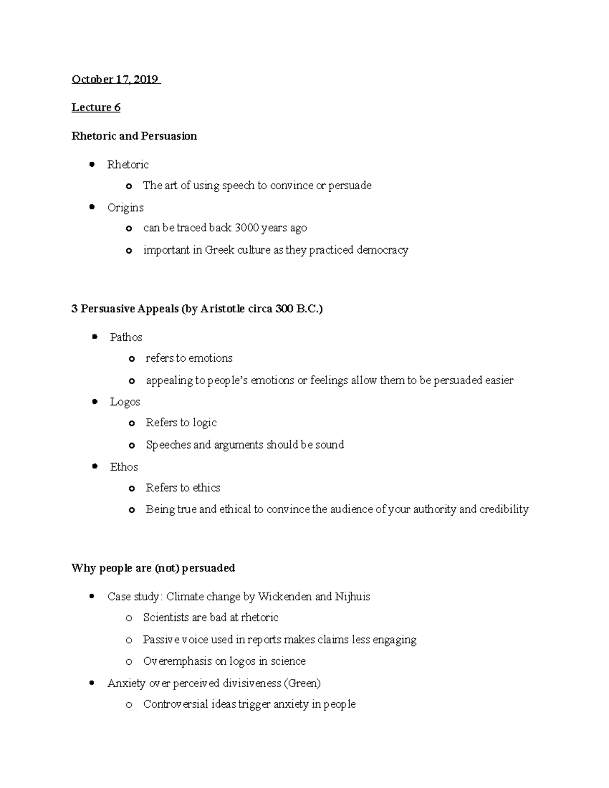 Class Notes Oct 17, 2019 - October 17, 2019 Lecture 6 Rhetoric and ...