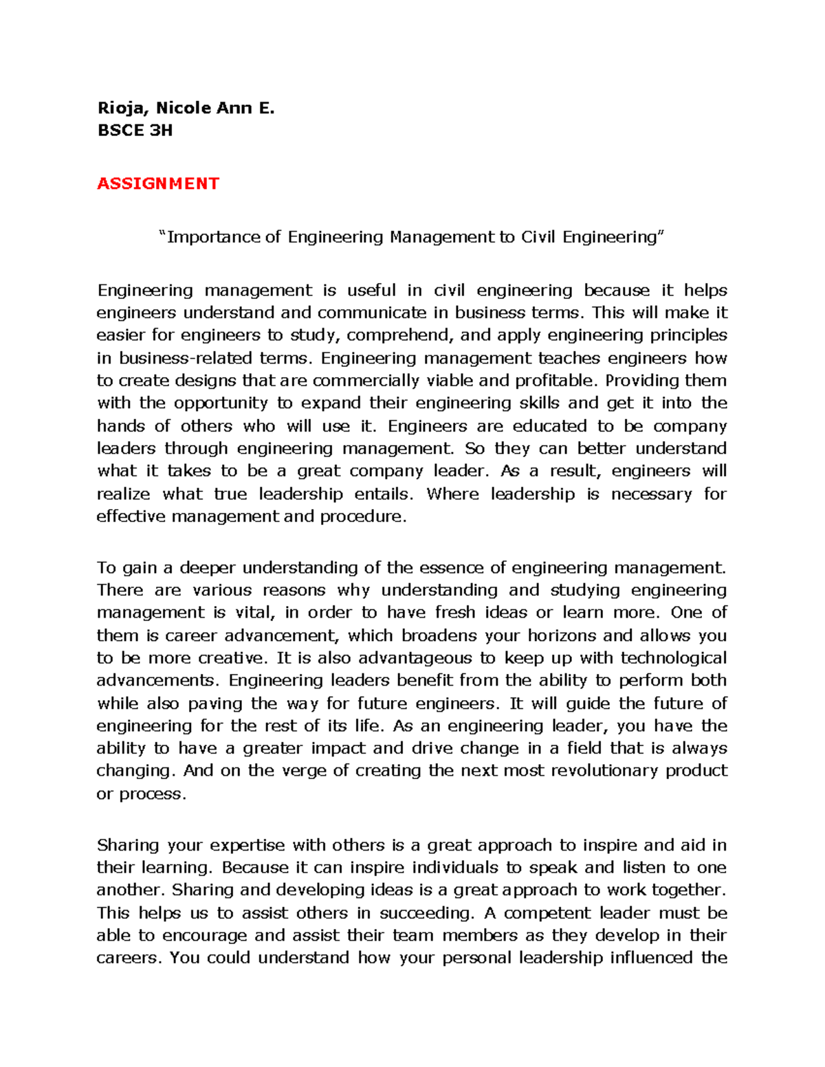 Essay in CMPM - Rioja, Nicole Ann E. BSCE 3H ASSIGNMENT “Importance of ...
