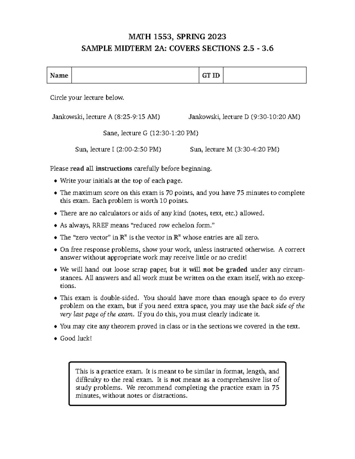 M2 sample A solutions - MATH 1553, SPRING 2023 SAMPLE MIDTERM 2A ...