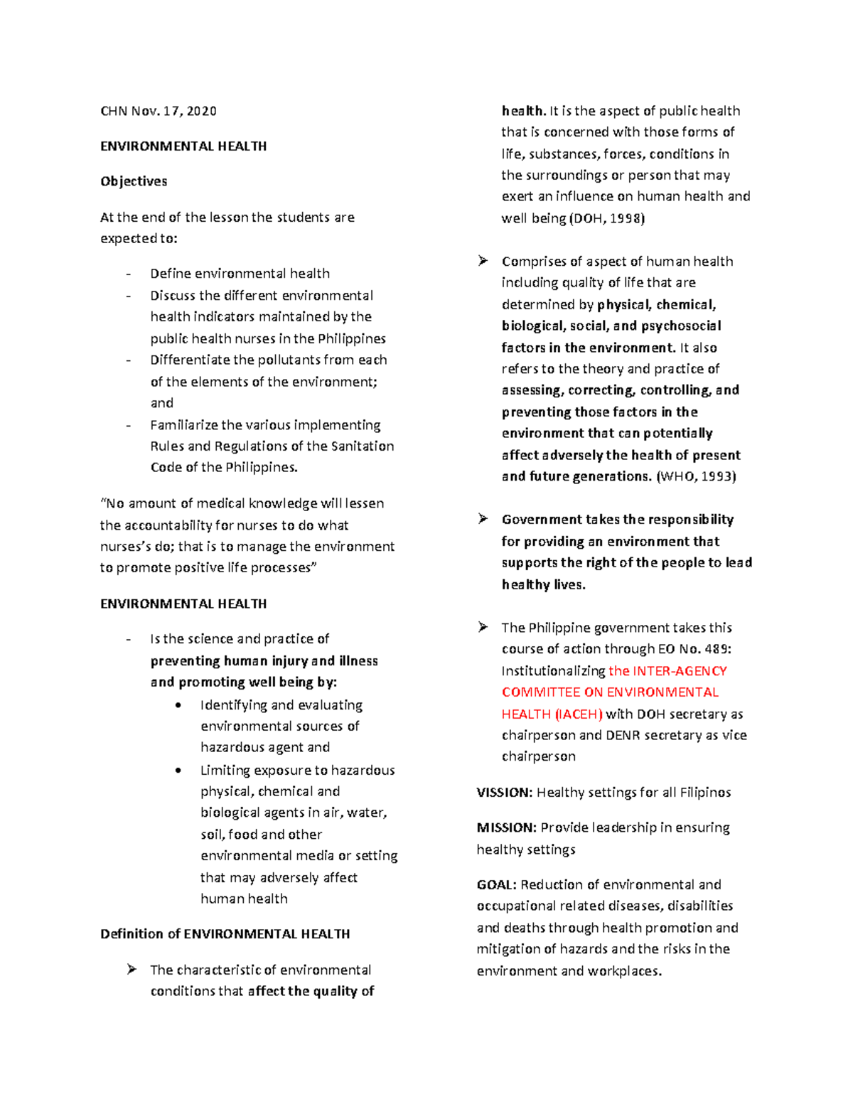 CHN - Lecture notes 7 - CHN Nov. 17, 2020 ENVIRONMENTAL HEALTH ...