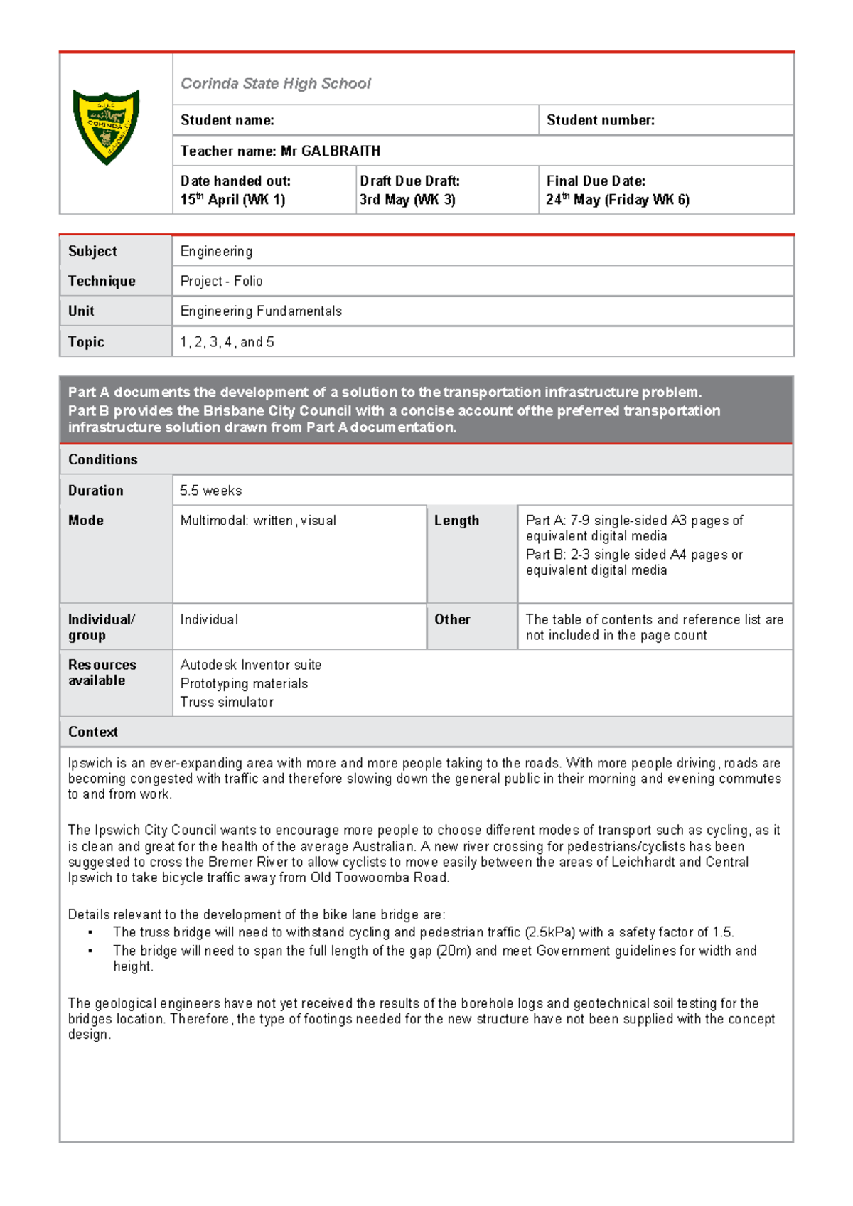 2024 EGR 11B FIA1 Corinda SHS Project Folio Truss Bridge Task Sheet - Corinda State High School ...