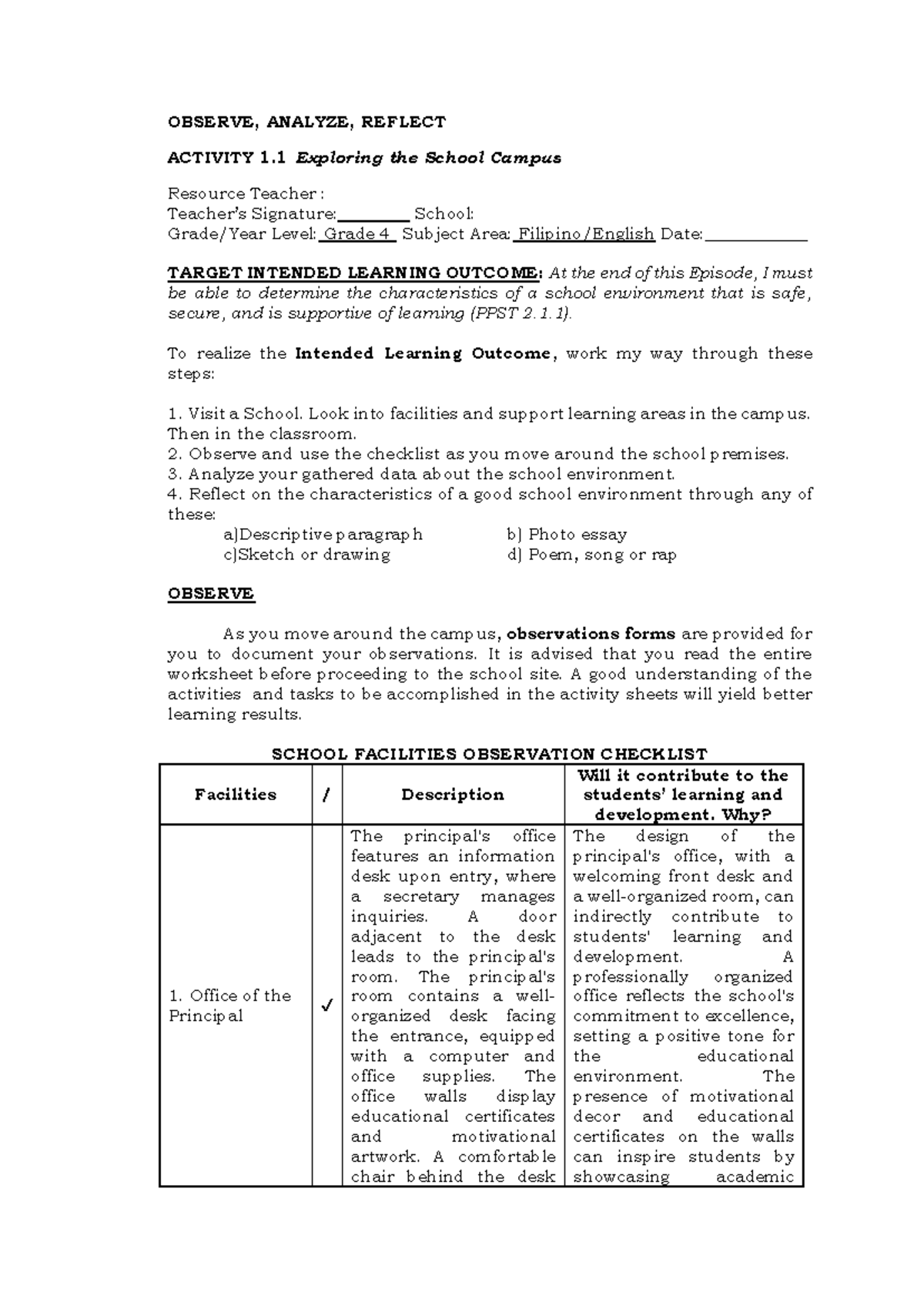 FS1 EP1 - OBSERVE, ANALYZE, REFLECT ACTIVITY 1 Exploring the School ...