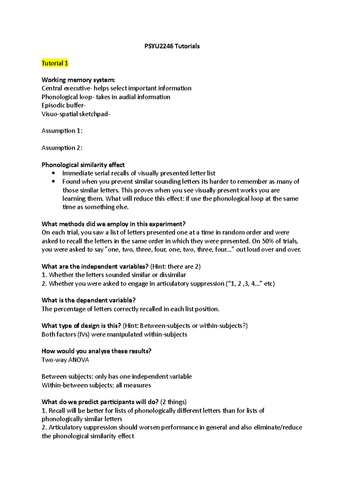 Psyu2246 Tutorials Psyu2246 Tutorials Tutorial 1 Working Memory System Central Executive