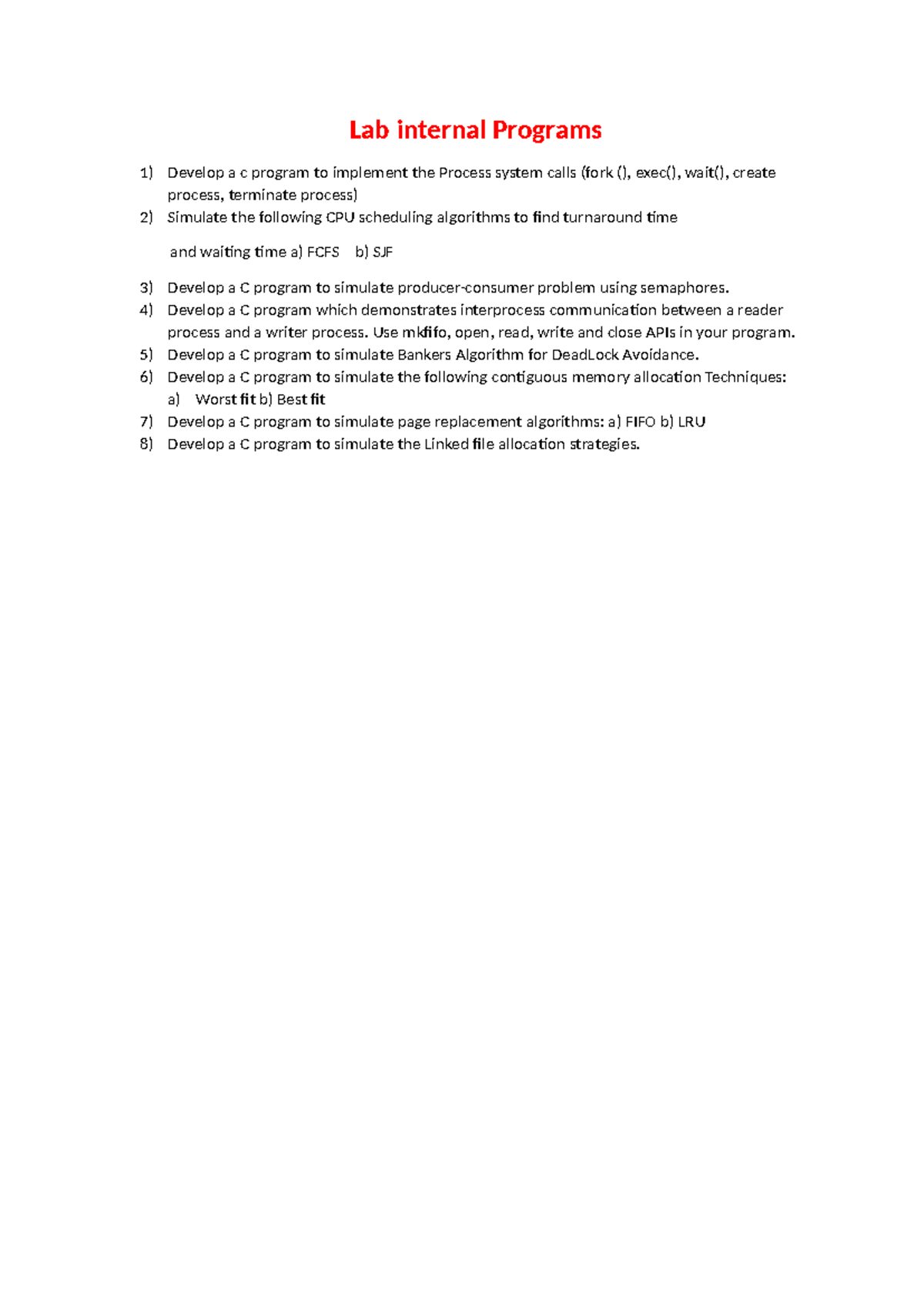 Lab programs for intrnals 1 - Lab internal Programs 1) Develop a c program to implement the ...