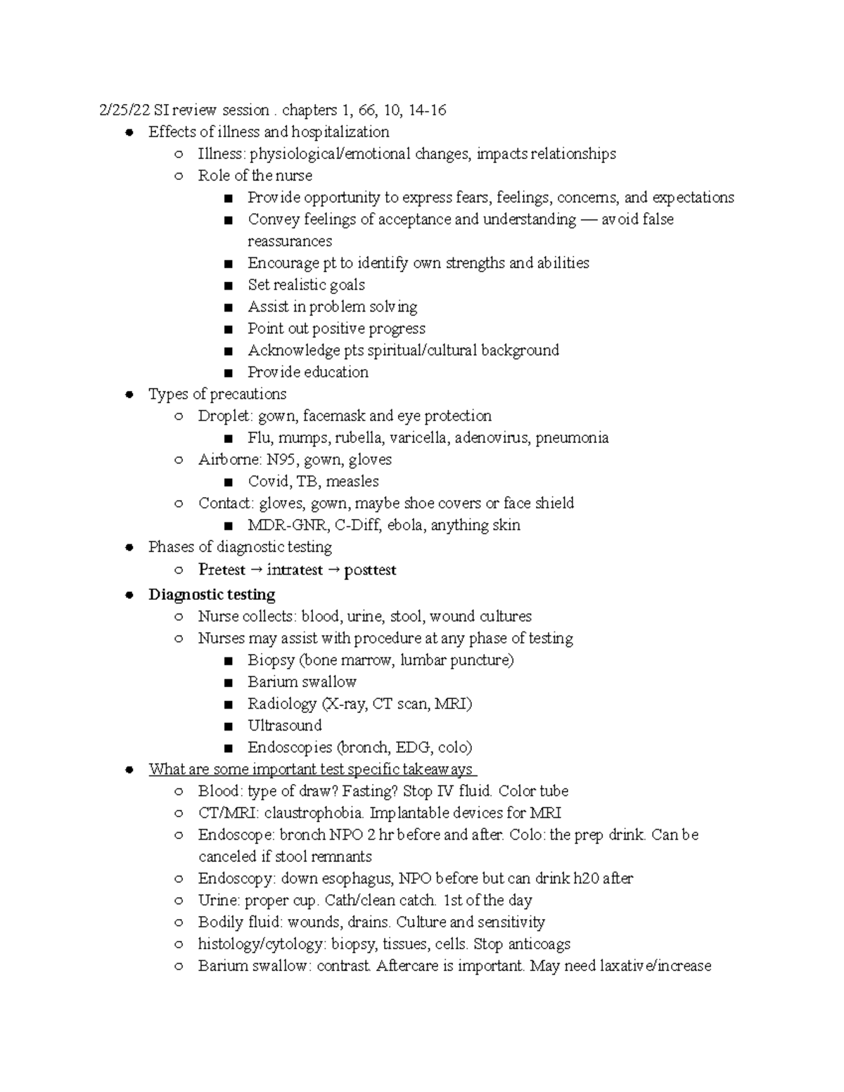 131 exam 1 SI review - 2/25/22 SI review session. chapters 1, 66, 10 ...