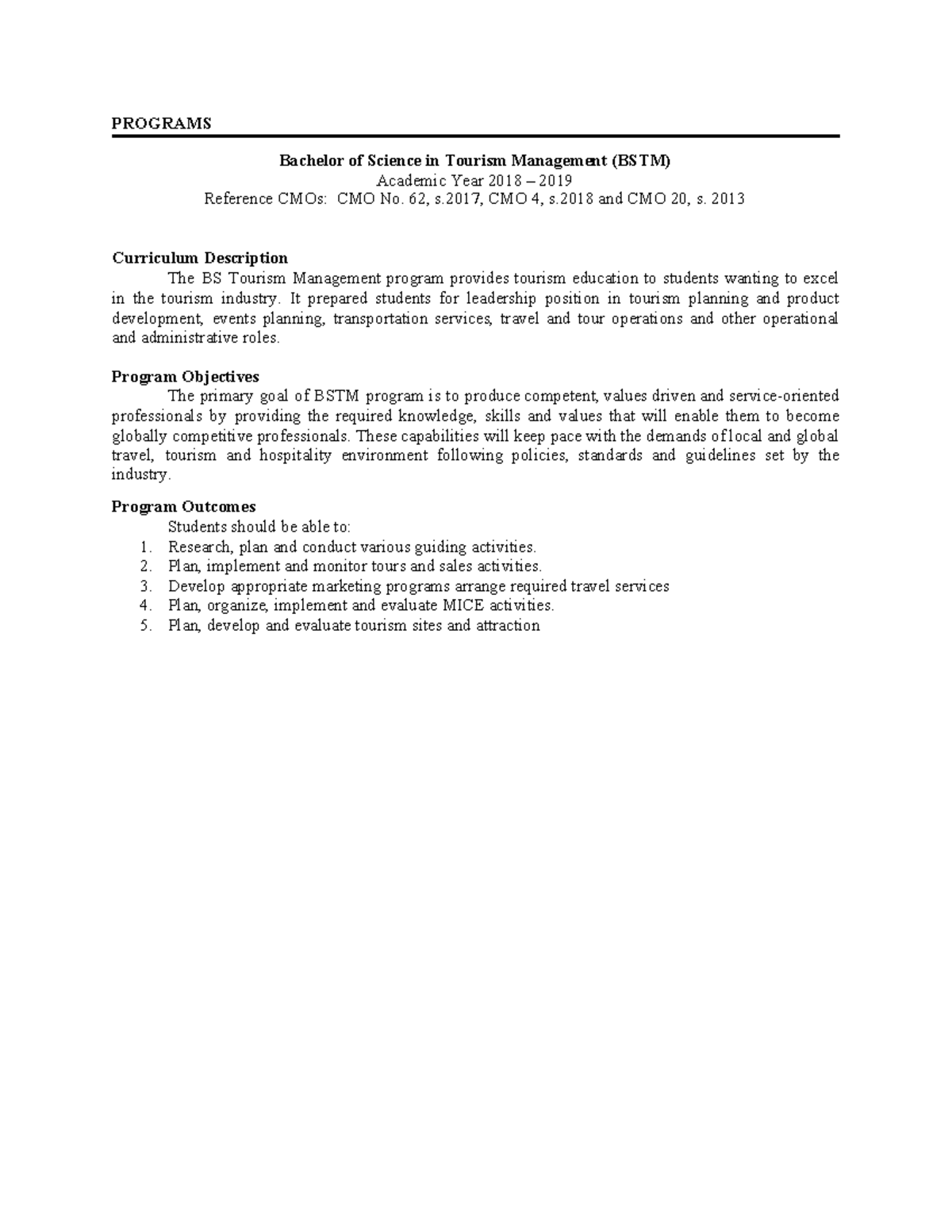 Bachelor of Science in Tourism Management BSTM - PROGRAMS Bachelor of ...