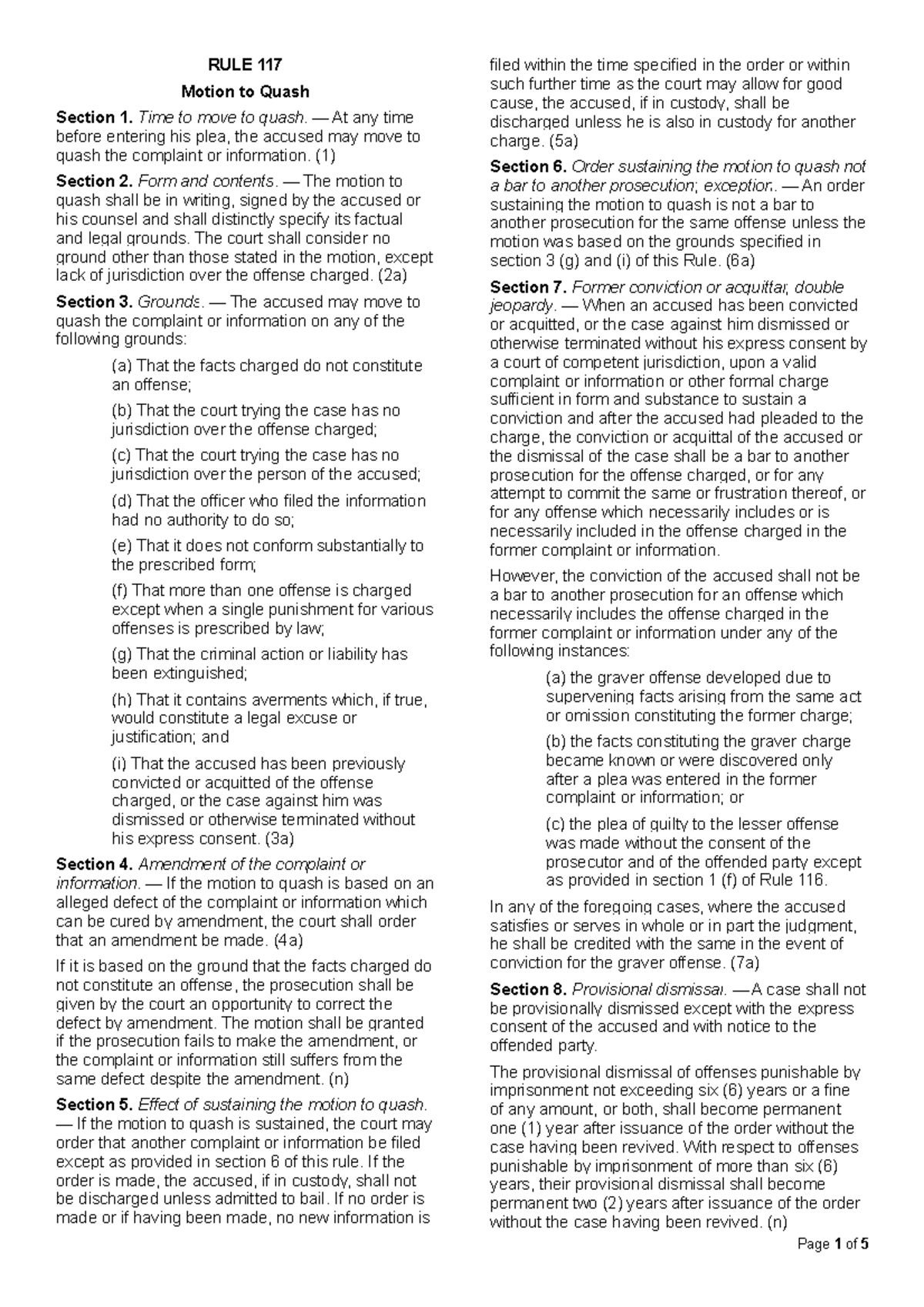 CRIMINAL PROCEDURE RULE 117-119 - RULE 117 Motion to Quash Section 1 ...