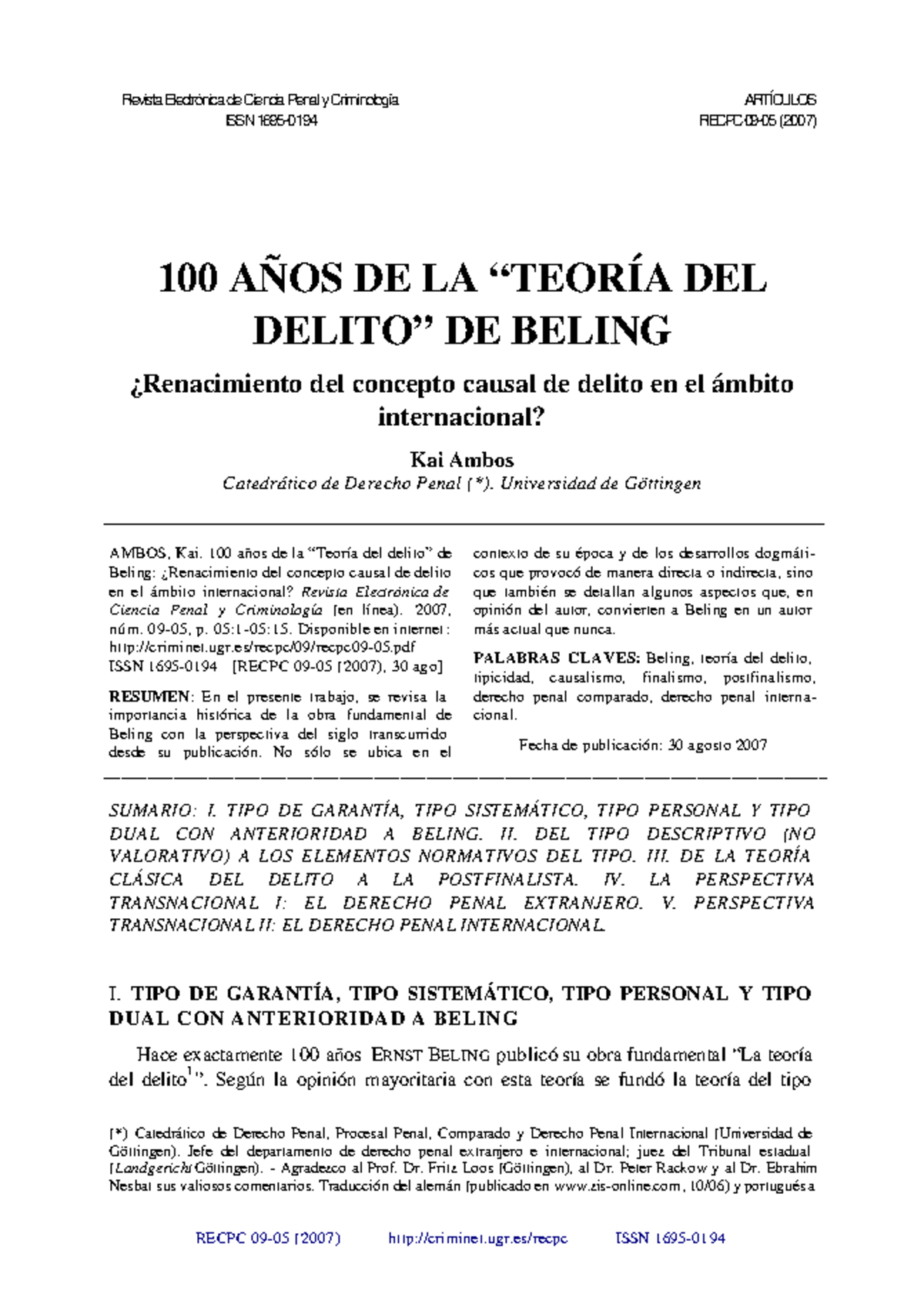 100 AÑOS DE LA “ Teoría DEL Delito” DE Beling - Revista Electrónica de ...