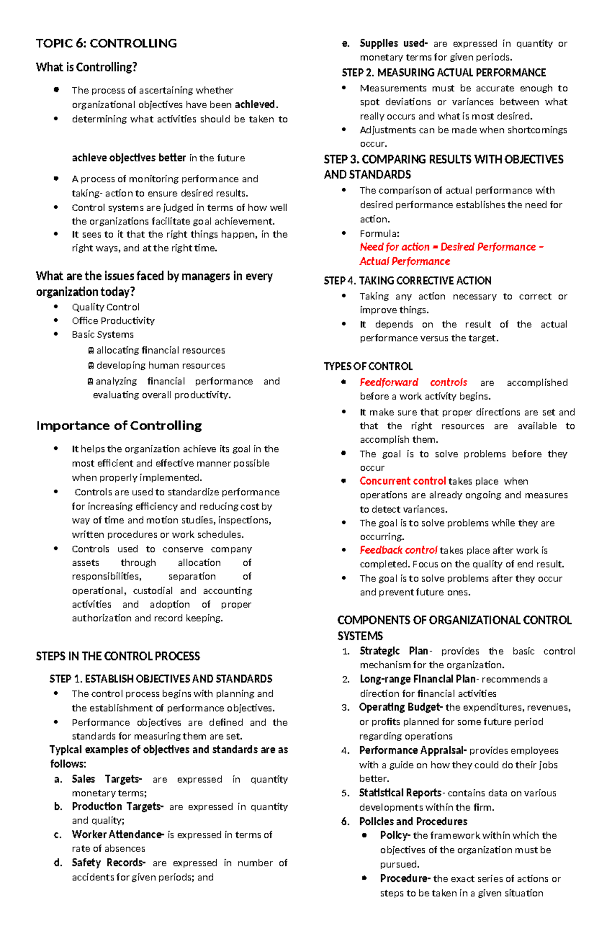 Reviewer batc200 - TOPIC 6: CONTROLLING TOPIC 7: MARKETING PRINCIPLES ...