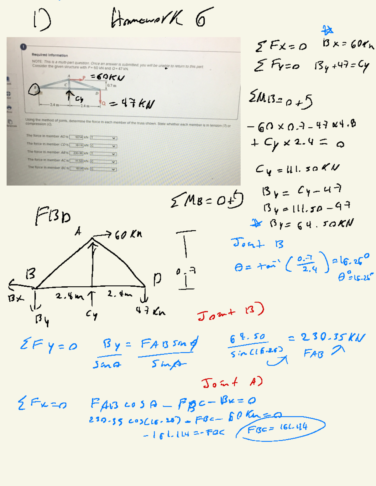 Homework 6 Mec 260 - Homework 6 & { F 7 =o 6 7 = 60Th { Fy=o By +47 ...