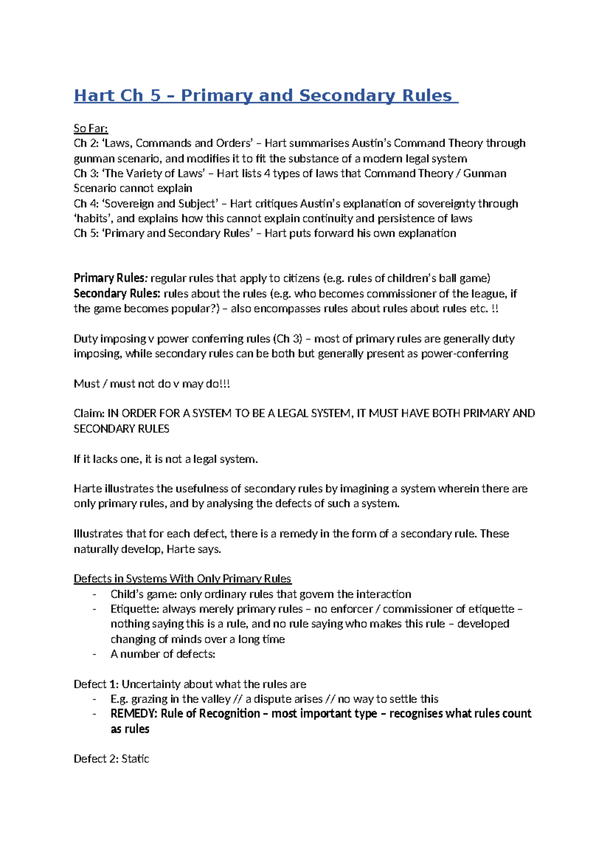 Primary & Secondary Rules - Hart Ch 5 – Primary and Secondary Rules So ...
