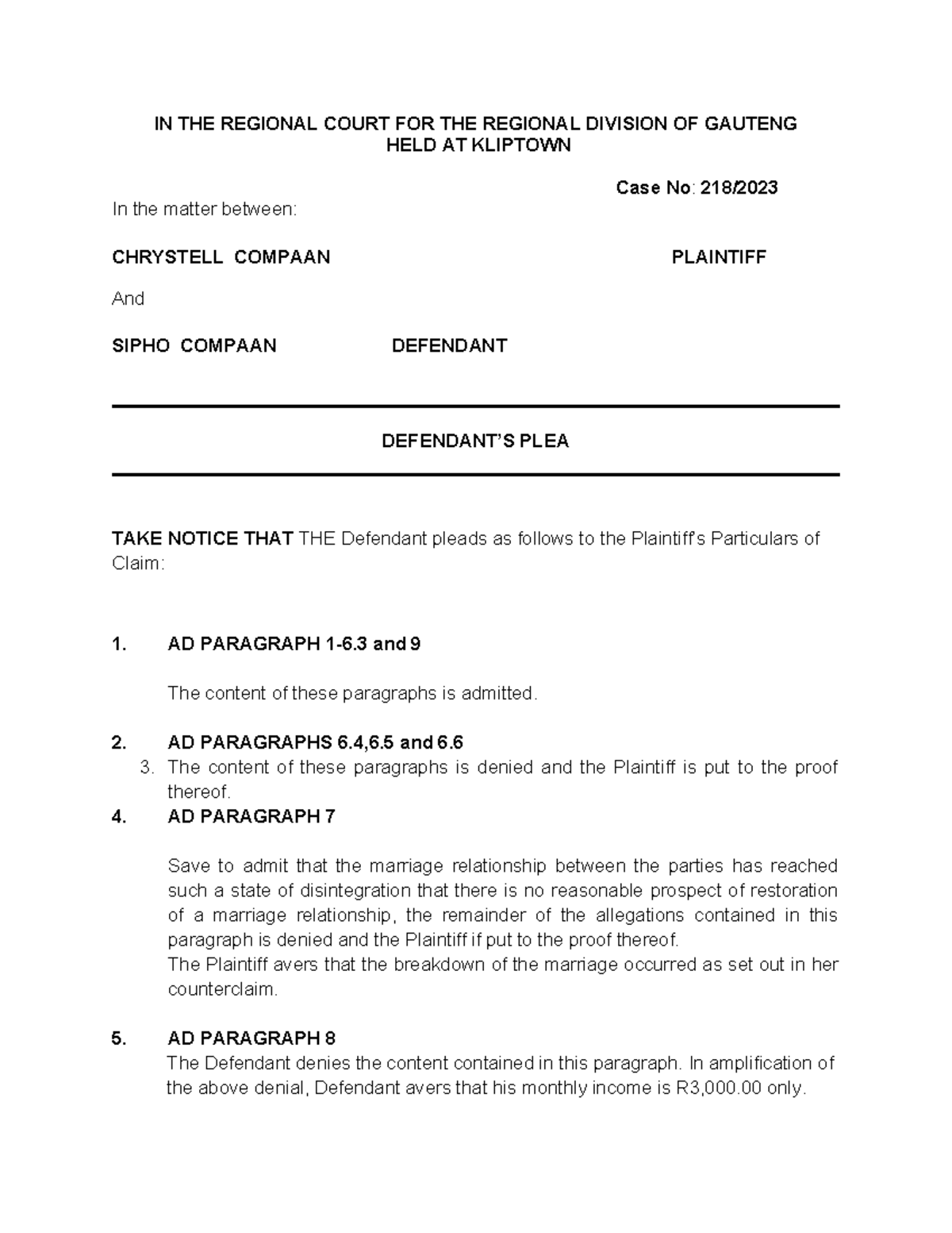 Plea and Counterclaim Class Example Compaan - IN THE REGIONAL COURT FOR ...