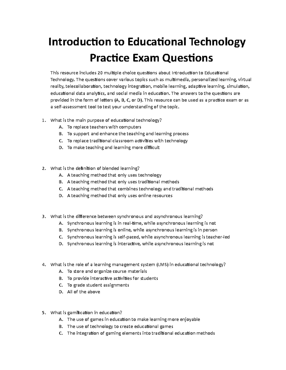 Introduction to Educational Technology Practice Exam Questions ...