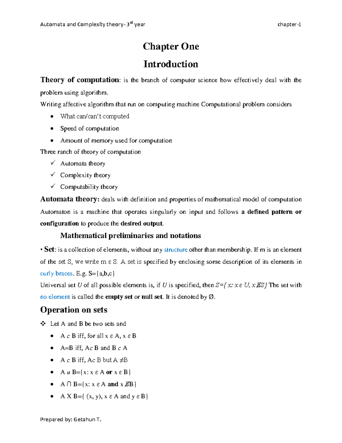 Chapter One - read - Chapter One Introduction Theory of computation: is the branch of computer ...