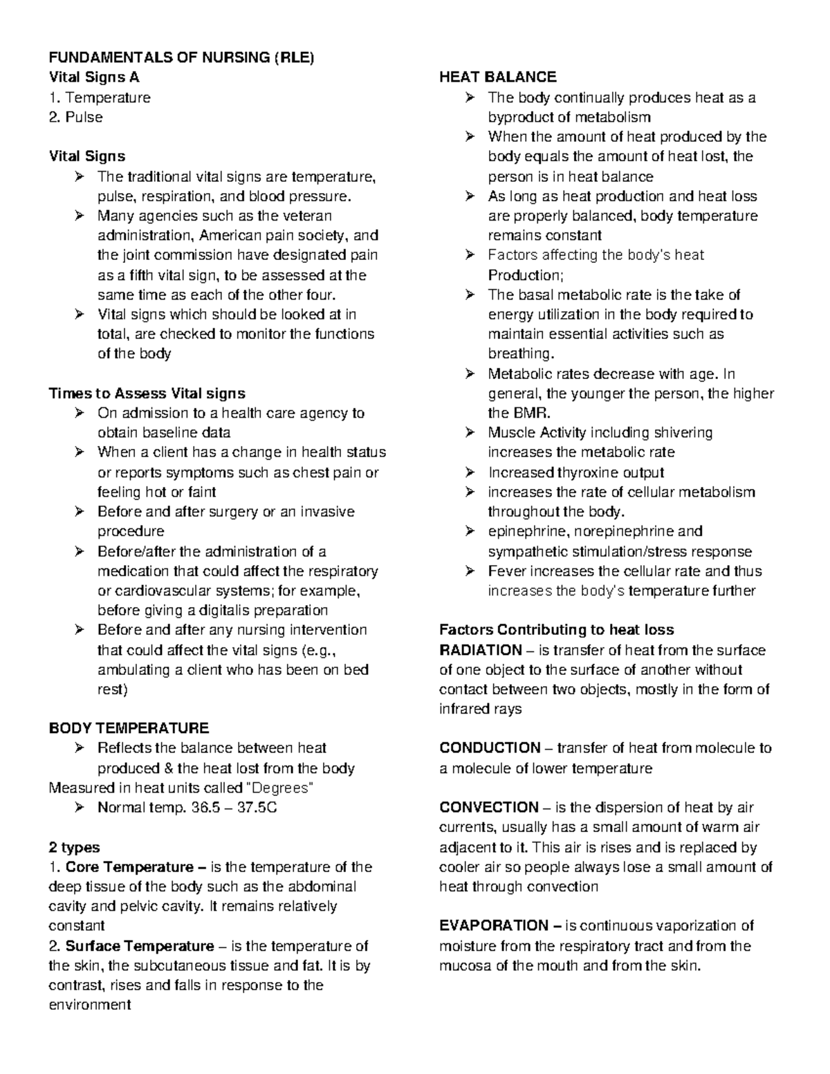 Fundamentals OF Nursing (RLE) - FUNDAMENTALS OF NURSING (RLE) Vital ...