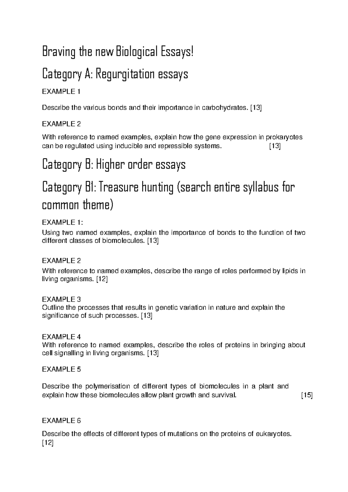 Braving the new Biological Essays 2018 (Questions only) - Braving the ...
